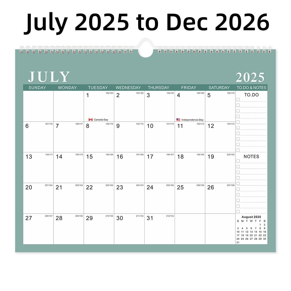 Wall Calendar, July 2025 to December 2026, with Julian Date, 18-Month ...