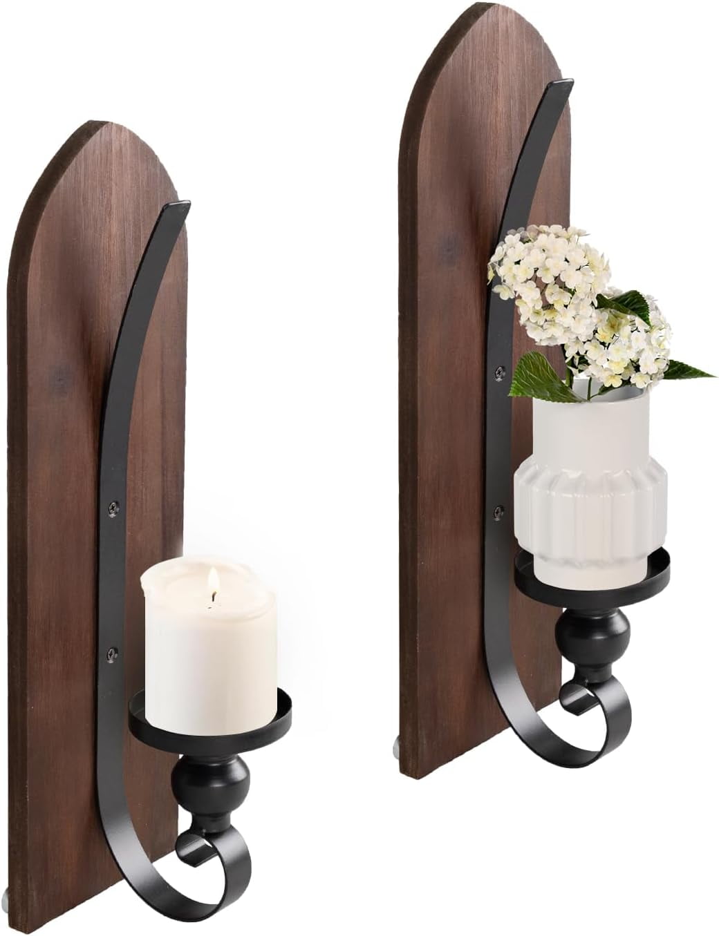 Wall Candle Sconces Set of Two, Brown Wall Mounted Metal and Wooden Wall Candle Holders ...