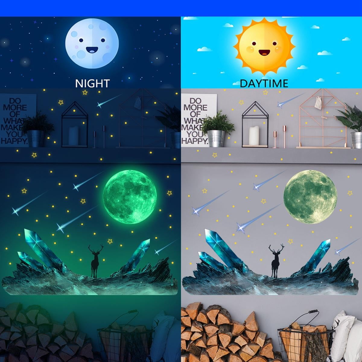 Wall Ceiling Sticker Glow In The Dark Luminous Stars and Moon 3D ...