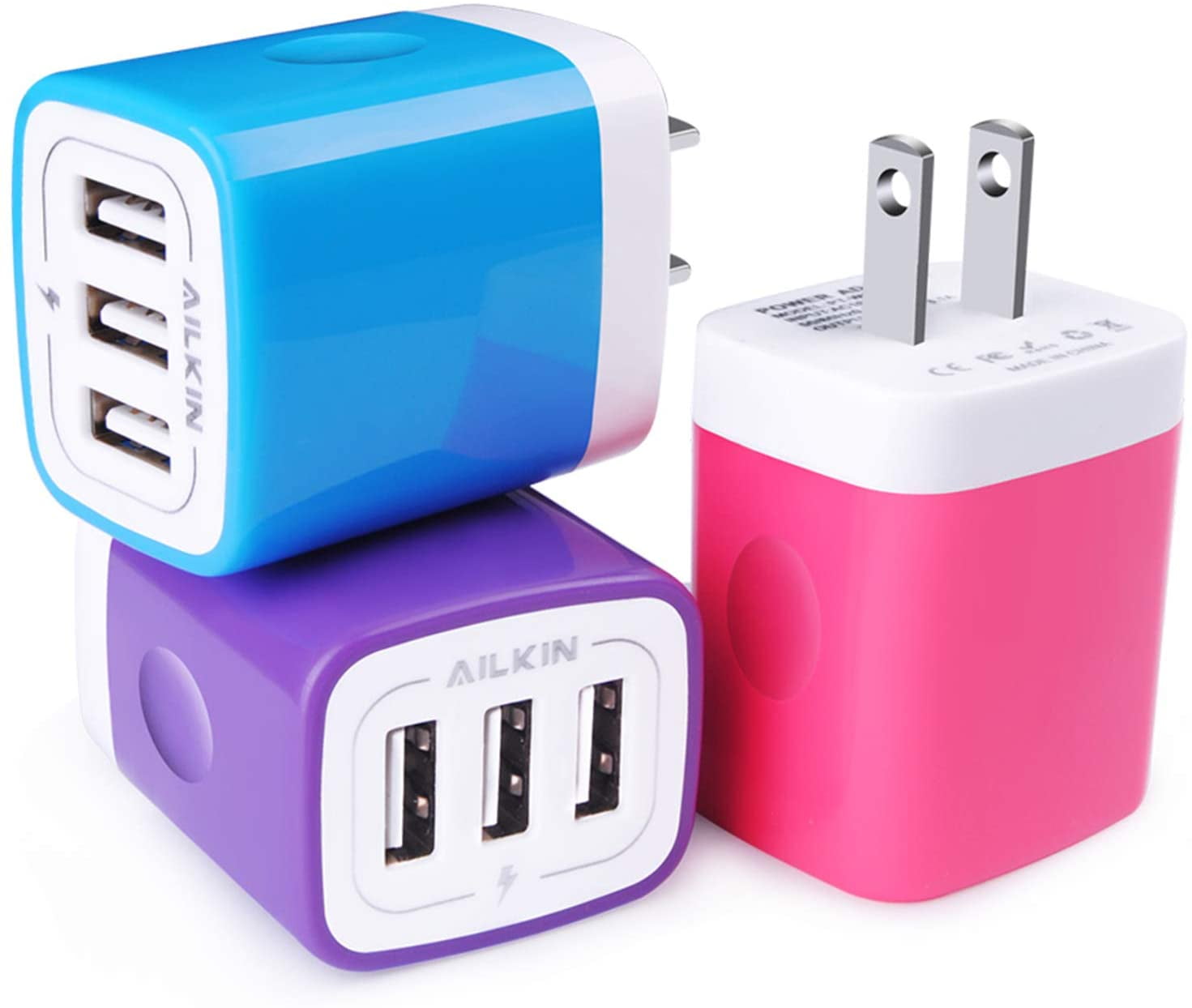 AILKIN 3.1A Wall Charger, USB Adapter, 3-Pack Charging Hub, Multicolor ...
