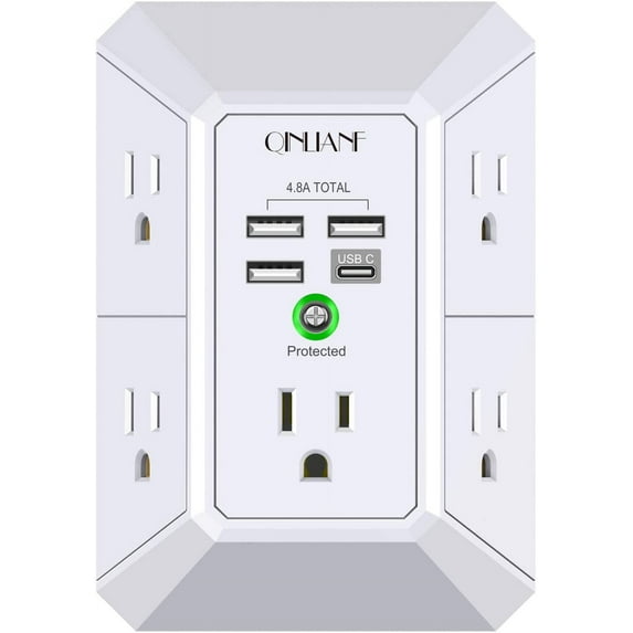 Wall Charr, Sur Protector, 5 Outlet Extender with 4 USB Charging Ports ...