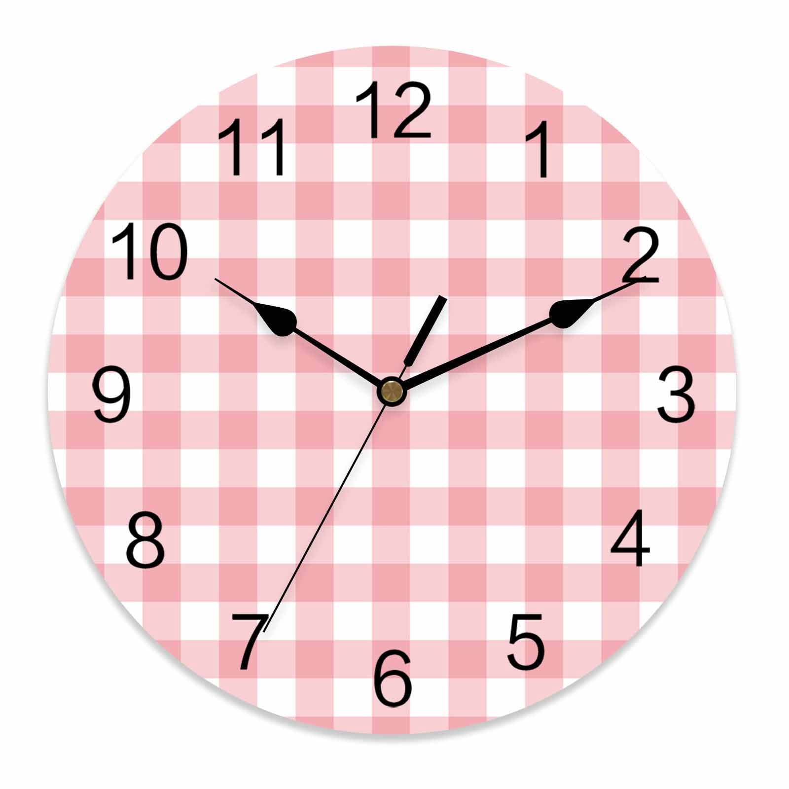 Wall Clock 10 Inch Pink Gingham Buffalo Check Round Silent Decorative ...