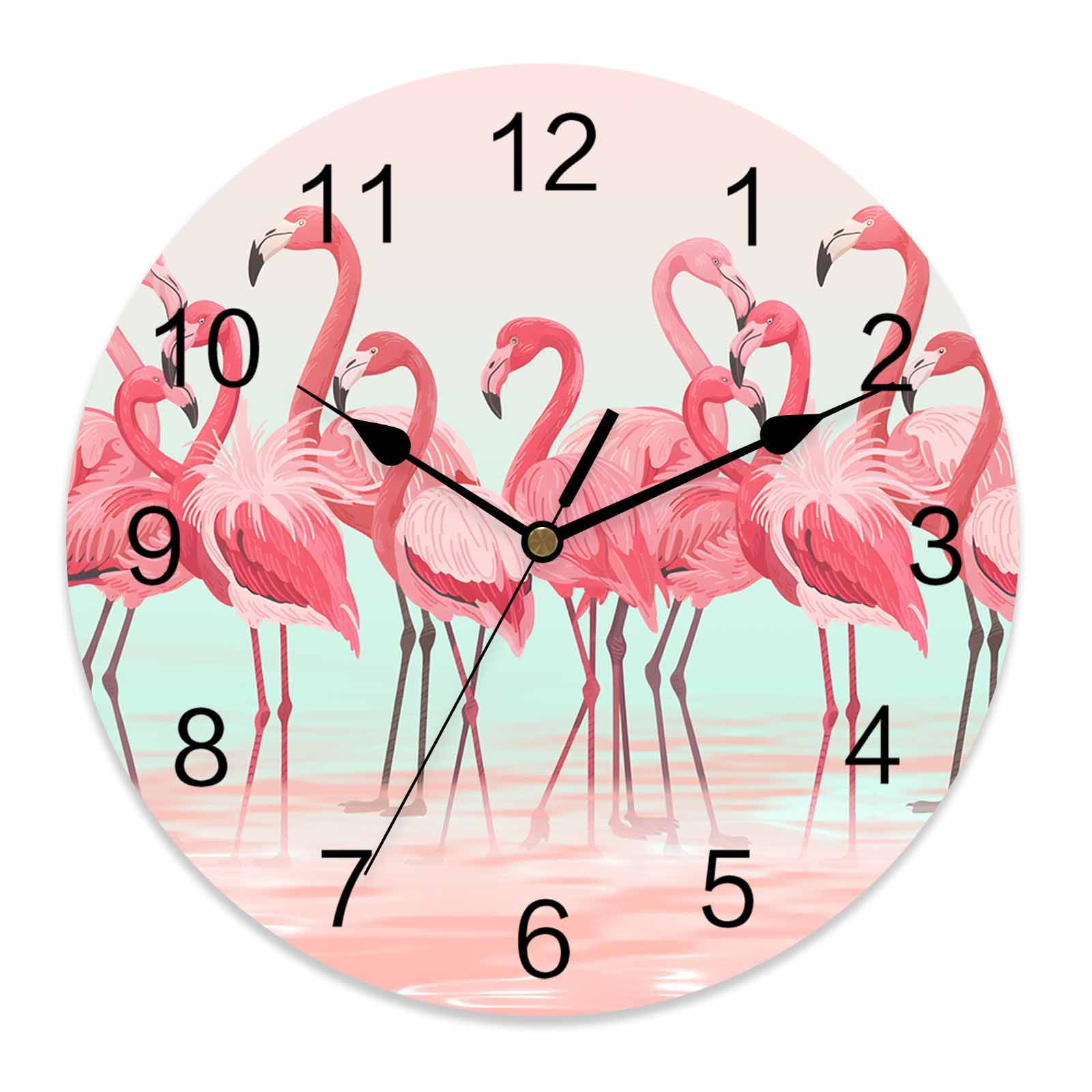 Wall Clock 10 Inch Pink Tropical Flamingo Round Silent Decorative Wall ...