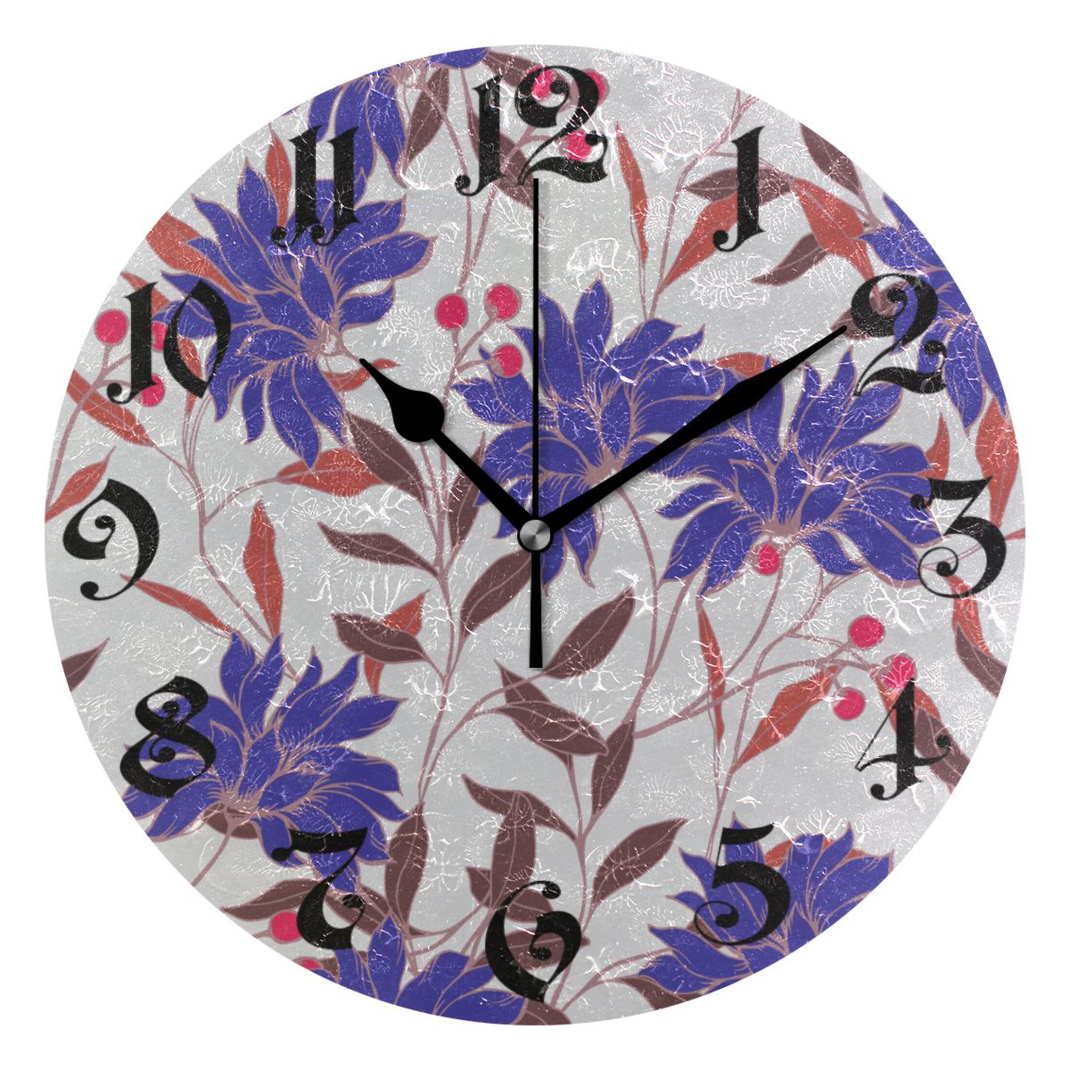 Wall Clock 10 Inch Silent Non-Ticking 8 Abstract Blue Flowers Floral ...