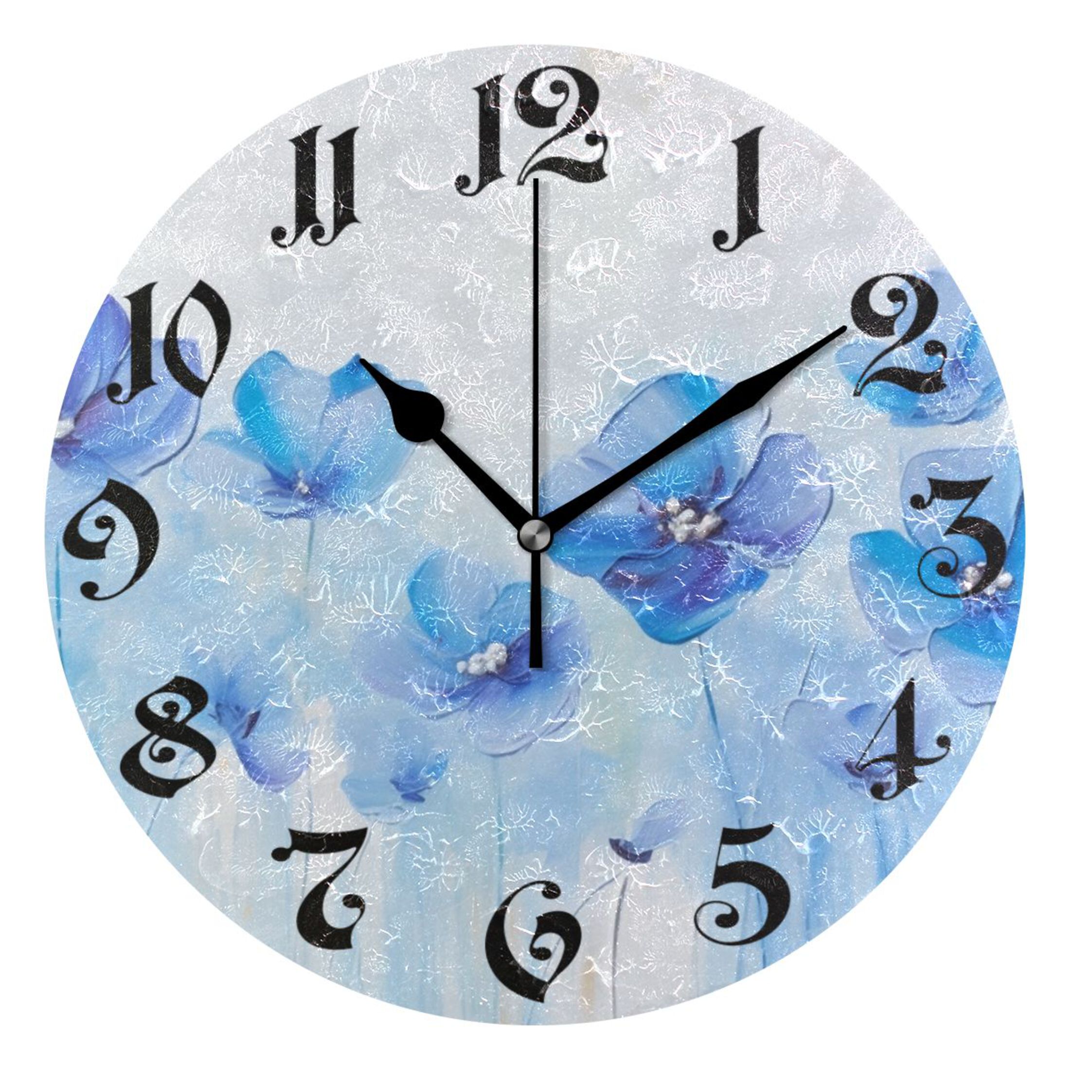 Wall Clock 10 Inch Silent Non-Ticking 8 Abstract Flowers on Blue ...