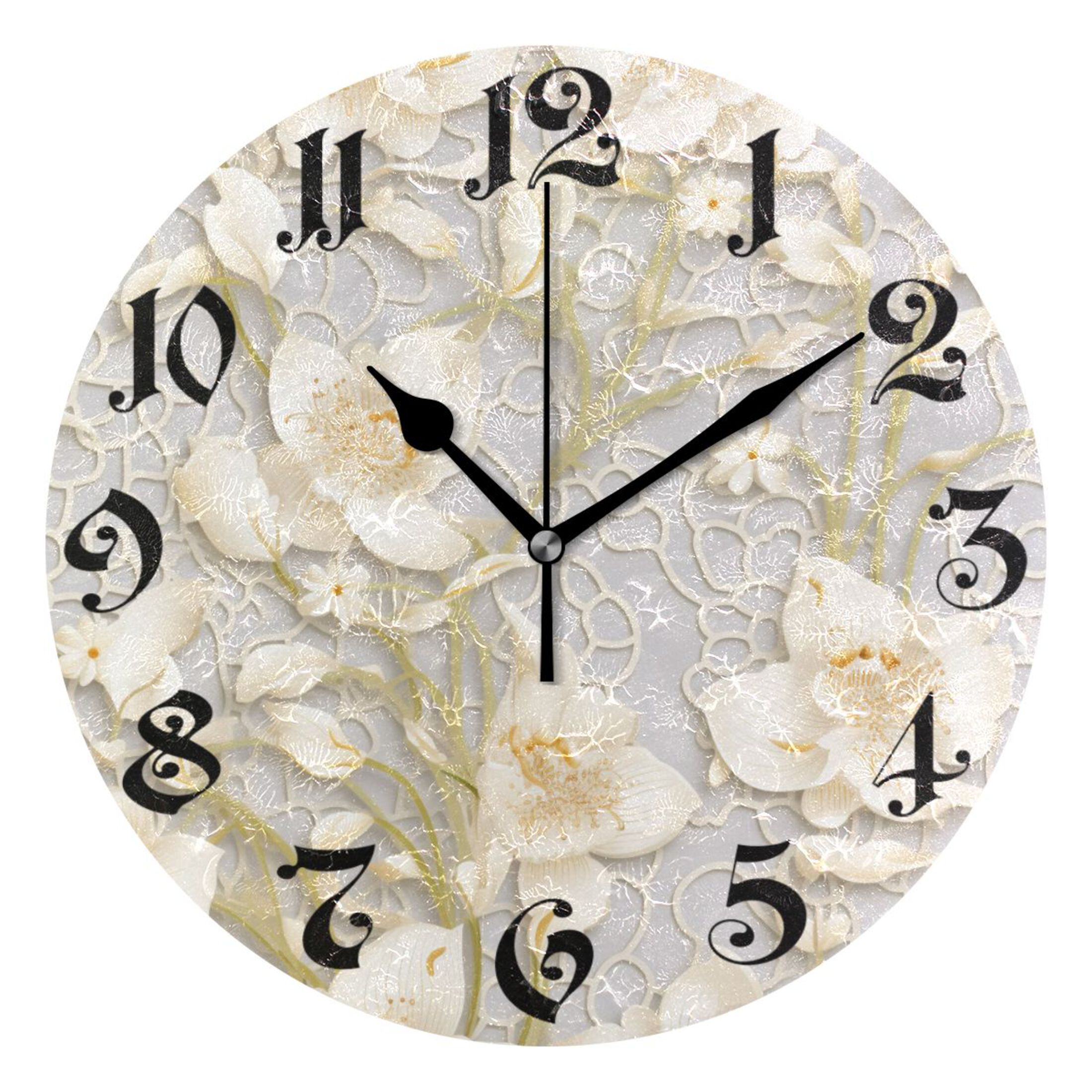 Wall Clock 10 Inch Silent Non-Ticking 8 Art Flower Battery Operated ...