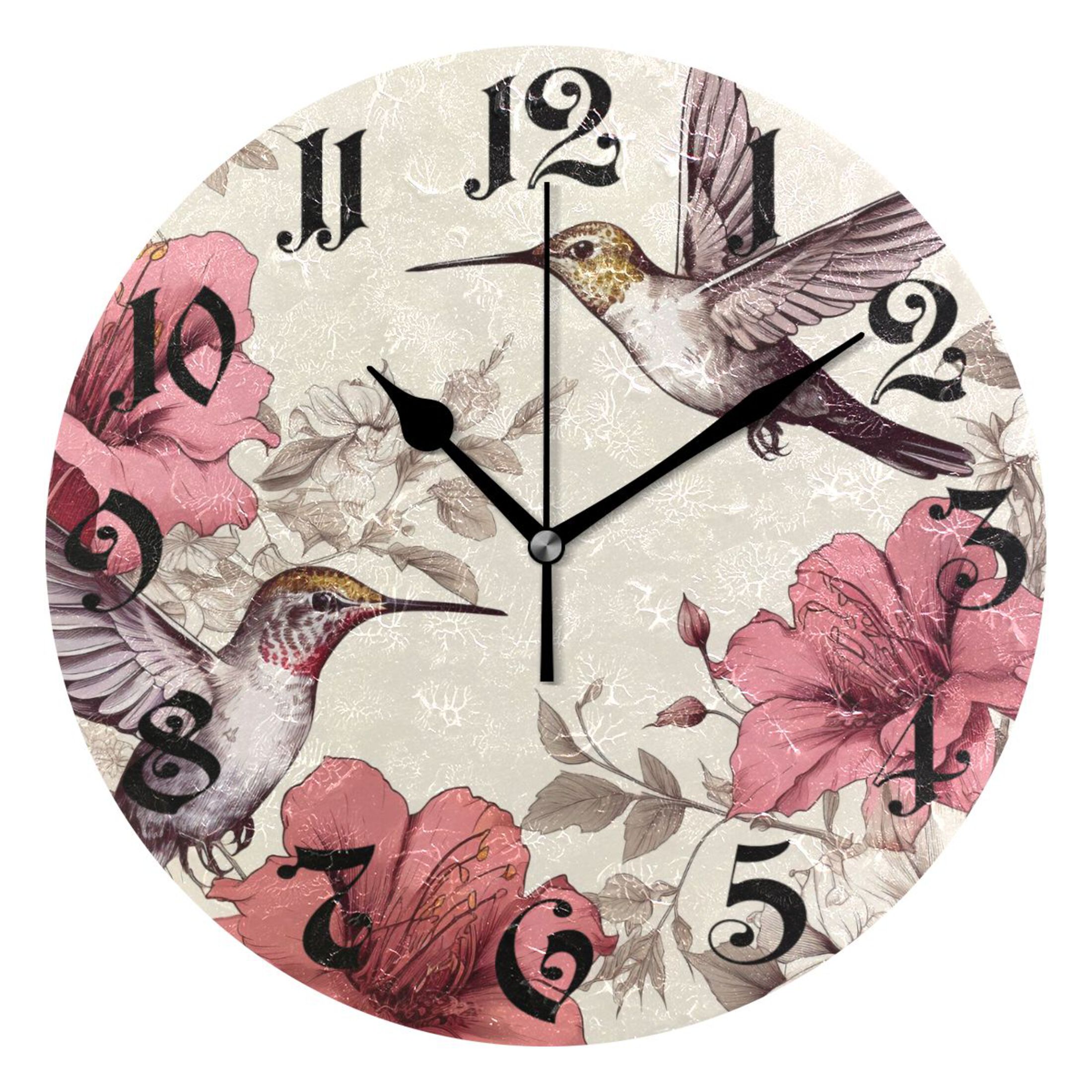 Wall Clock 10 Inch Silent Non-Ticking 8 Birds and Hibiscus Flowers ...
