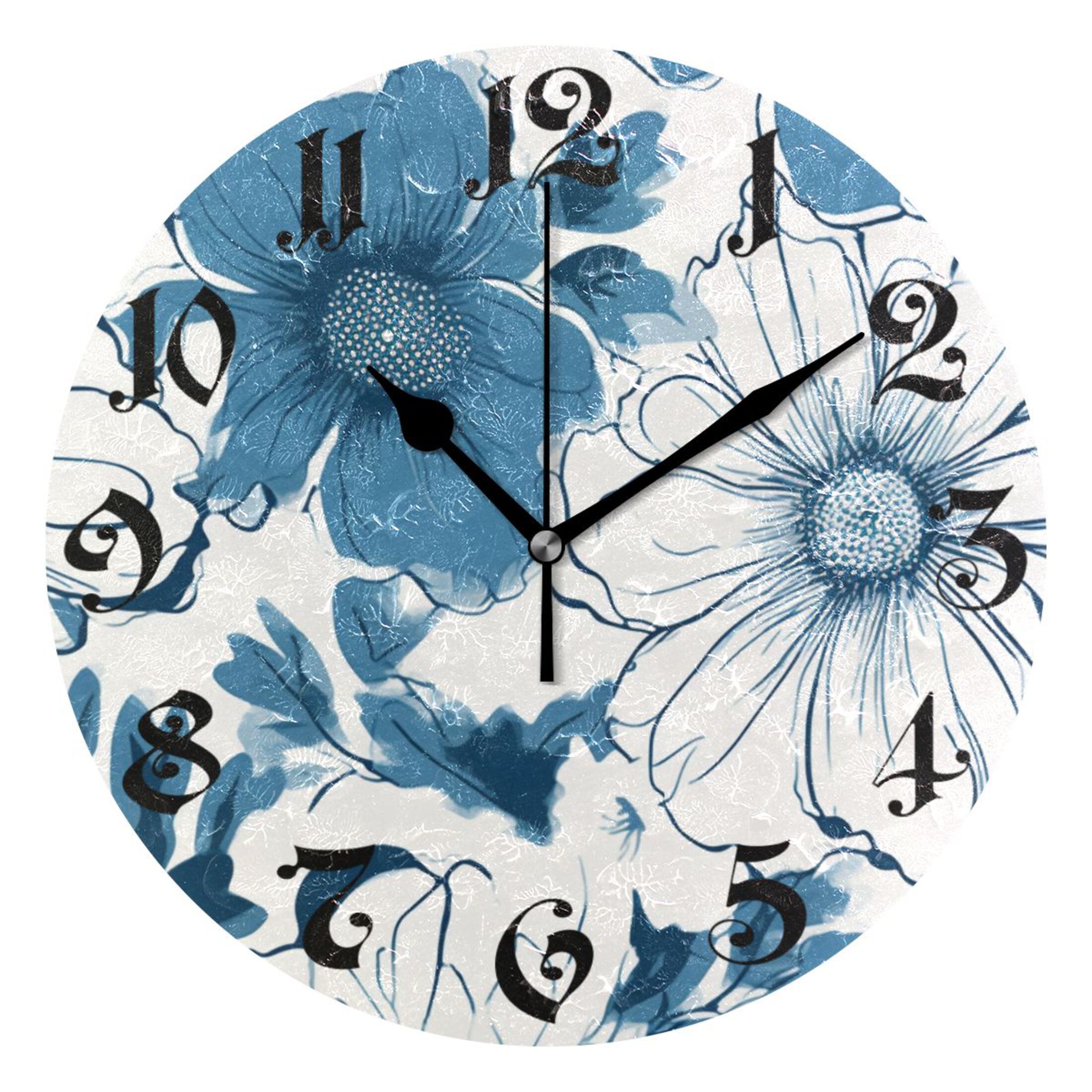 Wall Clock 10 Inch Silent Non-Ticking 8 Blue Abstract Flowers Battery ...