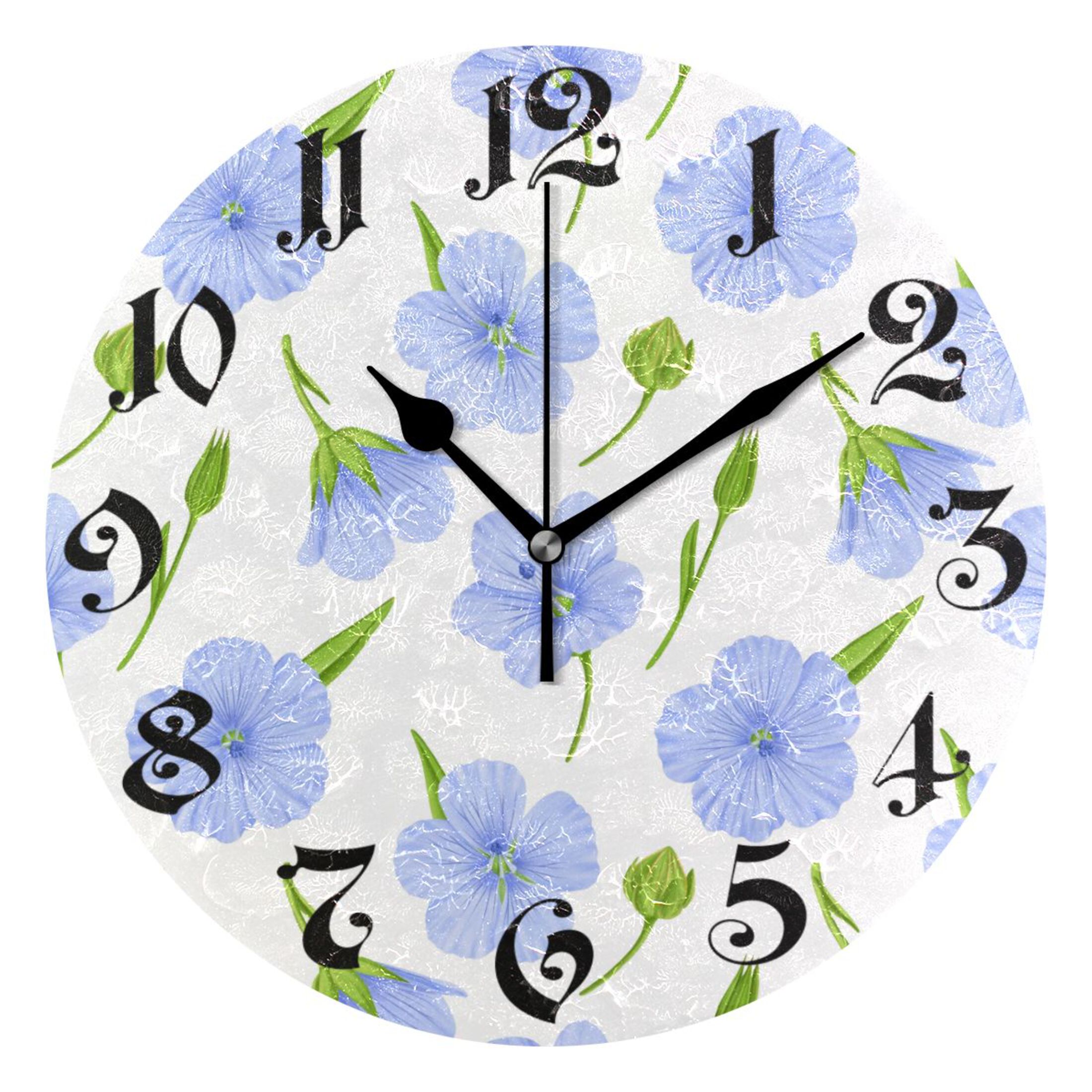 Wall Clock 10 Inch Silent Non-Ticking 8 Blue Flowers Battery Operated ...