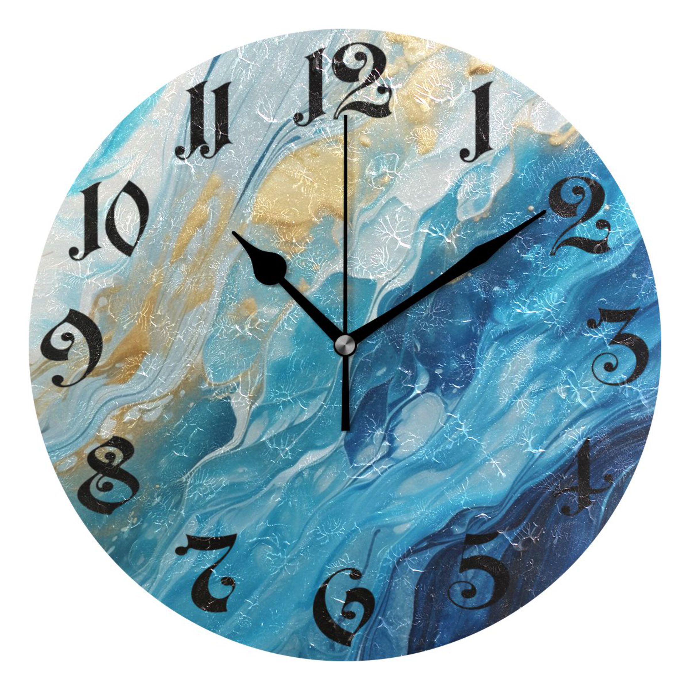 Wall Clock 10 Inch Silent Non-Ticking 8 Blue White and Gold Marble ...