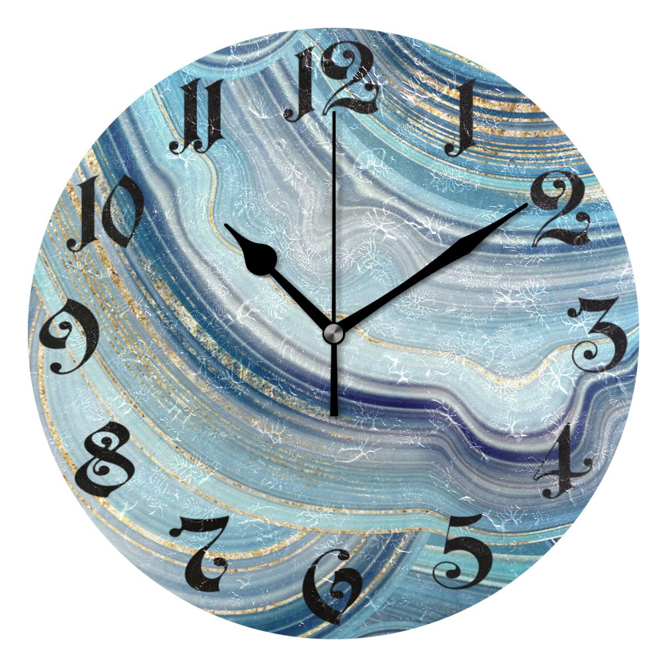 Wall Clock 10 Inch Silent Non-Ticking 8 Blue and Gold Marble Battery ...