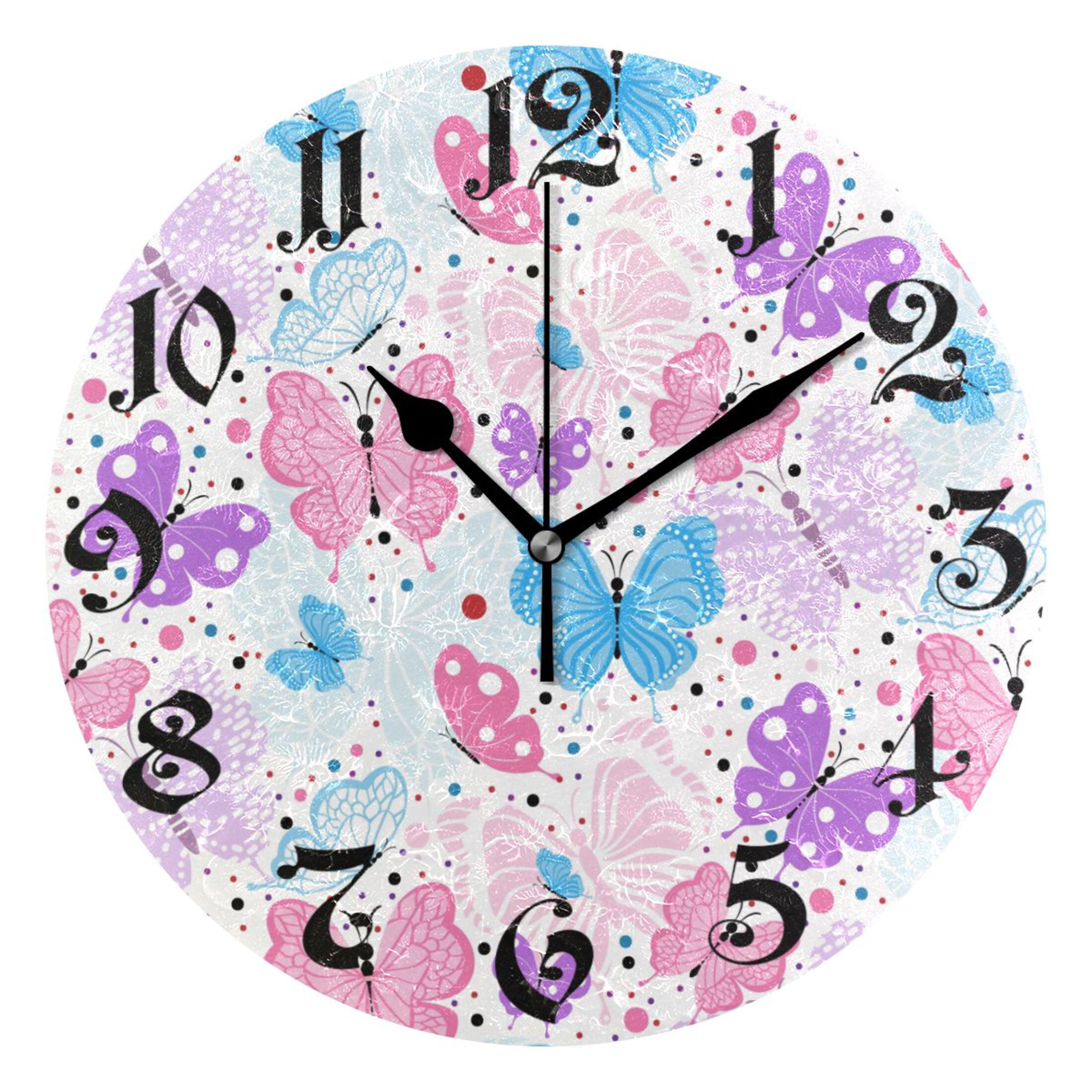 Wall Clock 10 Inch Silent Non-Ticking 8 Butterflies Blue Pink and ...