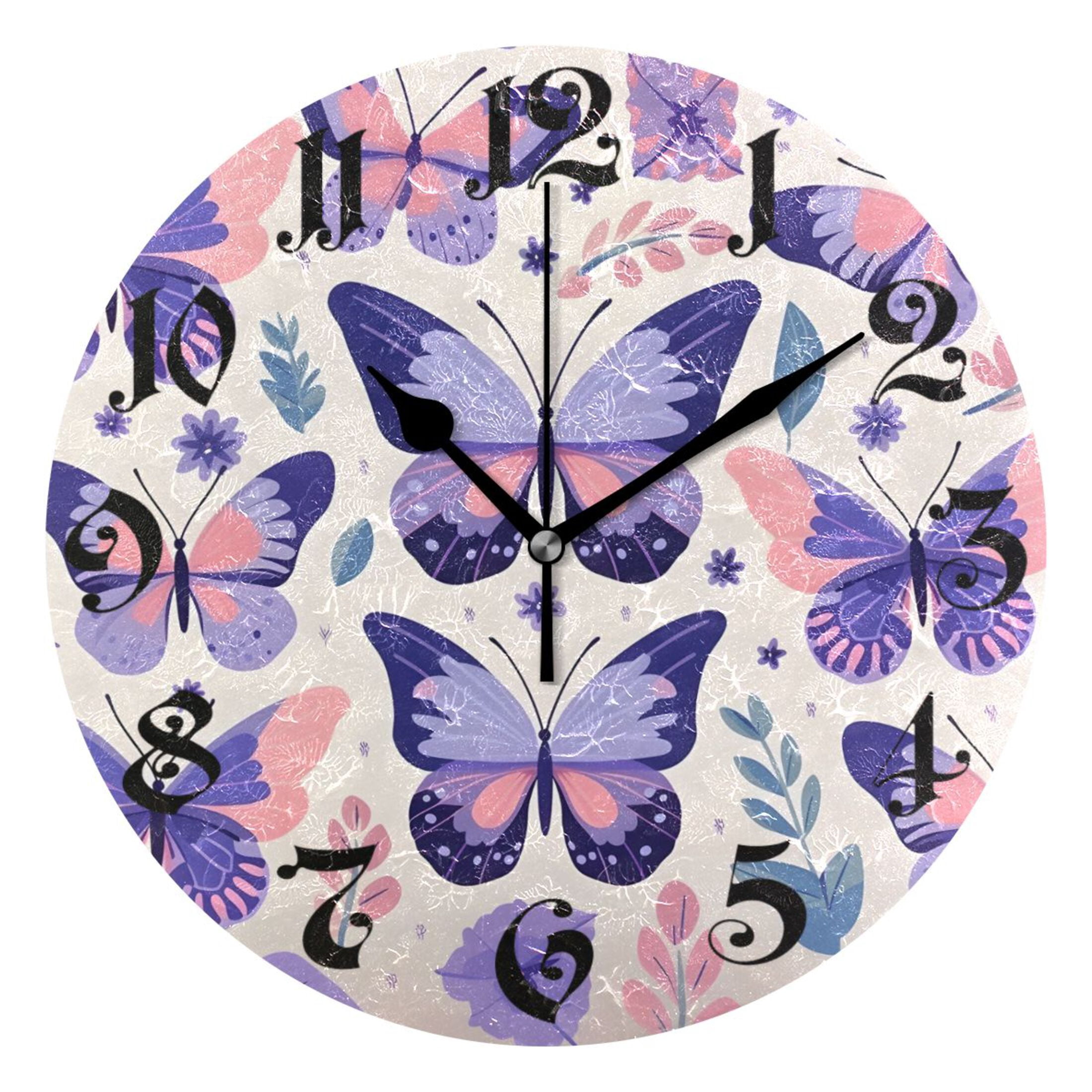 Wall Clock 10 Inch Silent Non-Ticking 8 Butterflies Purple Battery ...