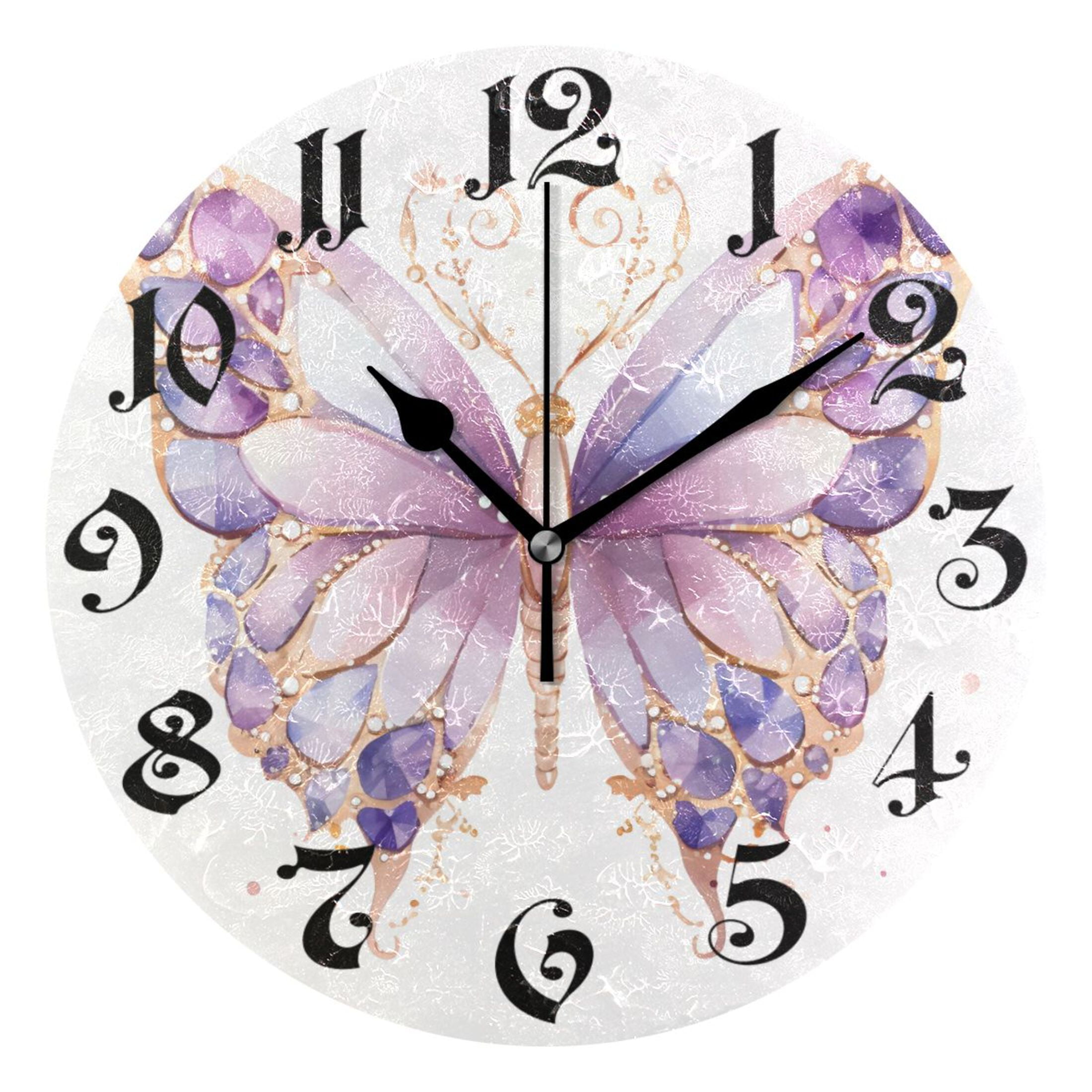 Wall Clock 10 Inch Silent Non-Ticking 8 Butterfly with Purple Battery ...