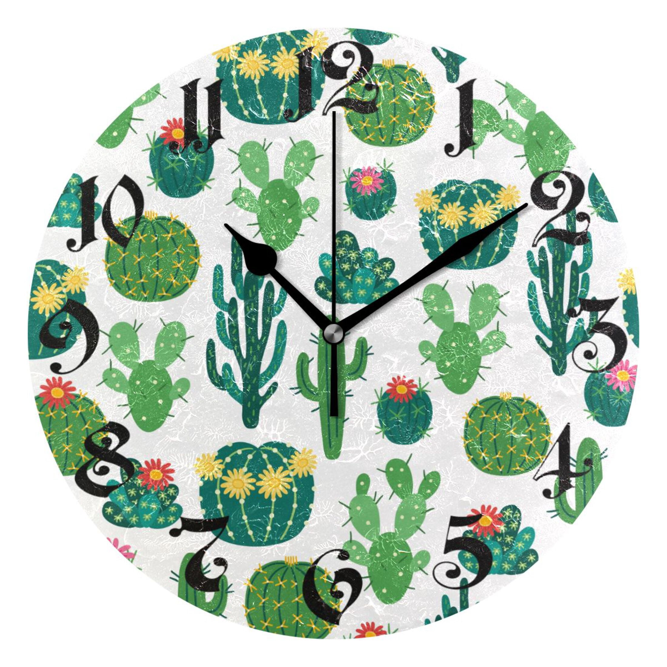 Wall Clock 10 Inch Silent Non-Ticking 8 Cactus Pattern Battery Operated ...