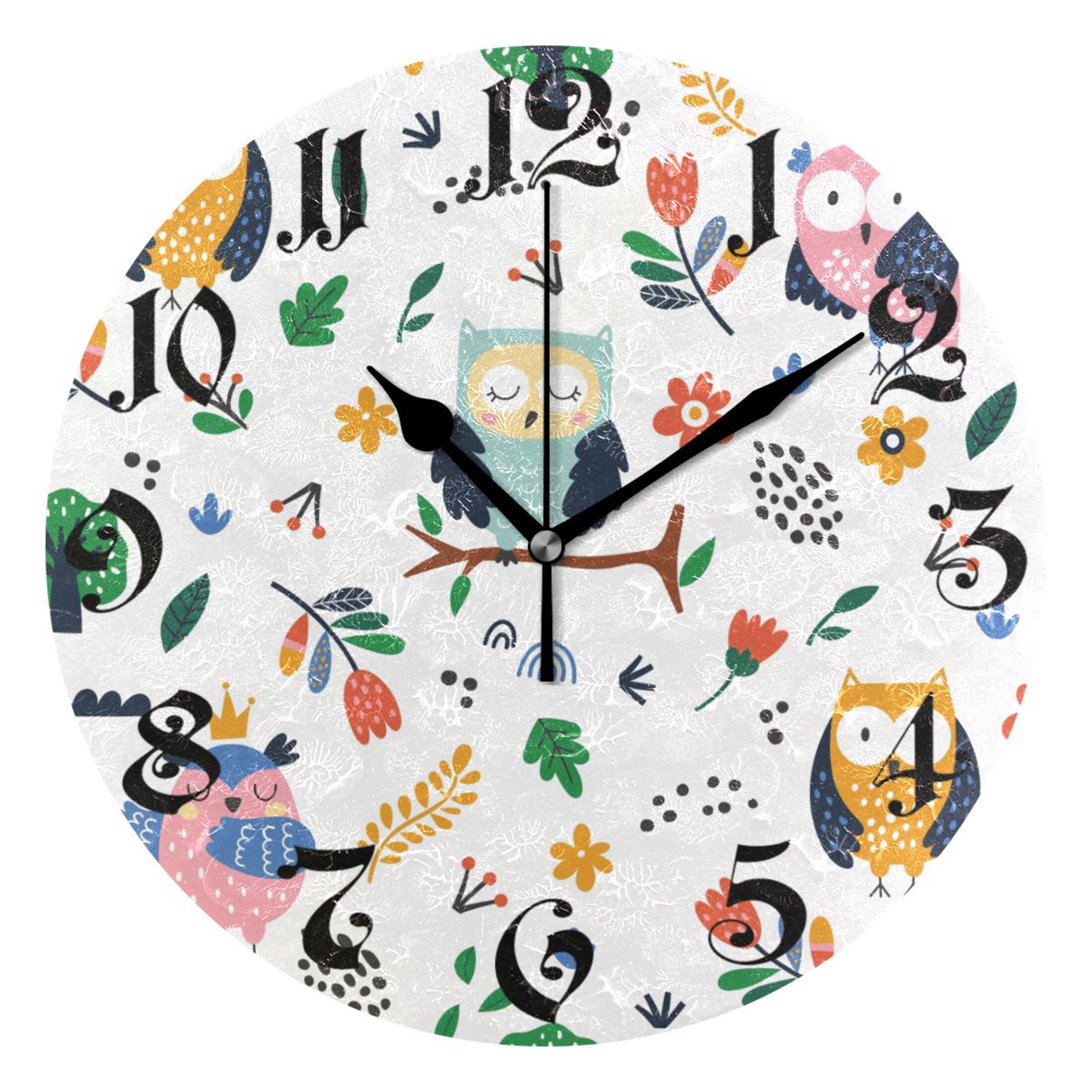 Wall Clock 10 Inch Silent Non-Ticking 8 Cartoon Owls and Floral Battery ...