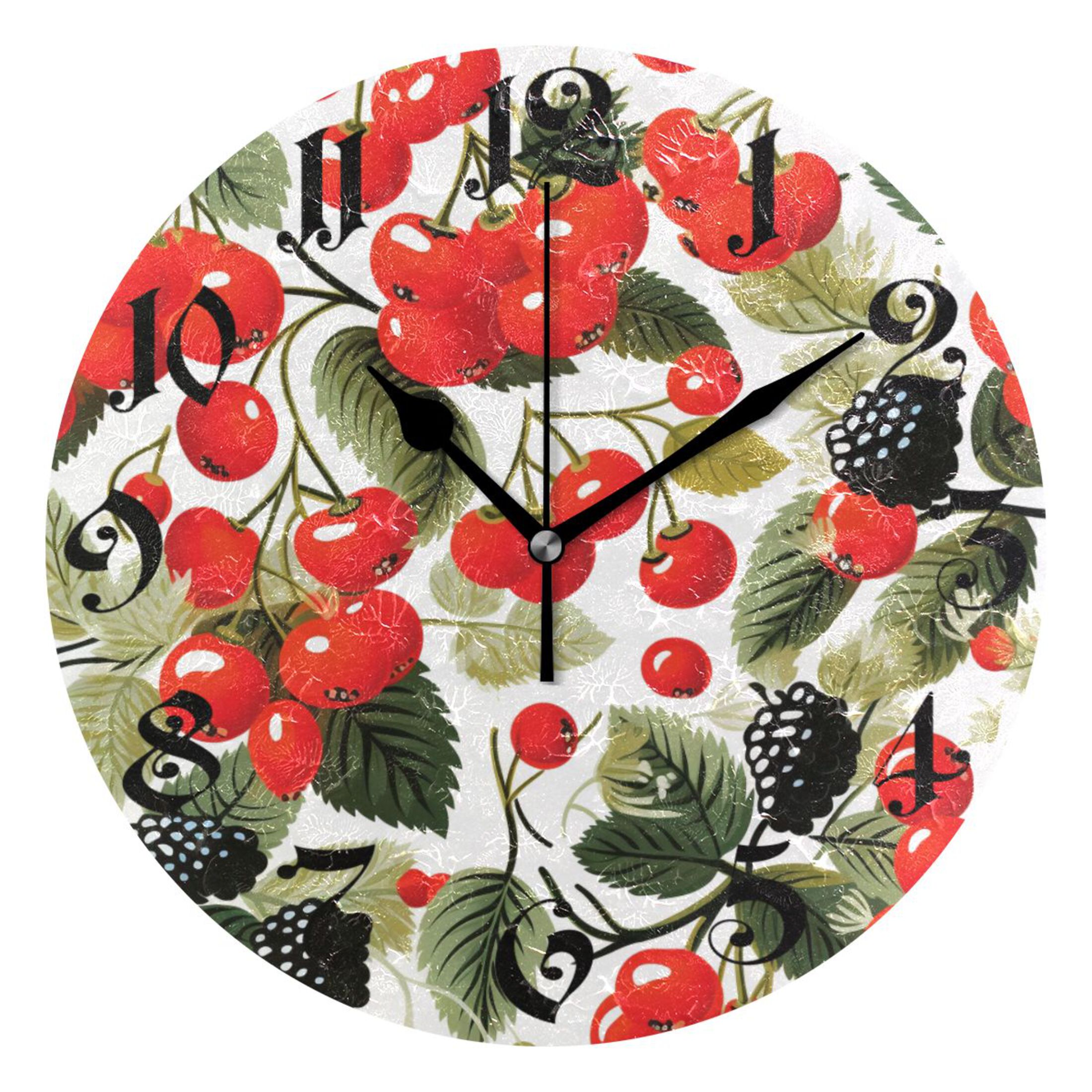 Wall Clock 10 Inch Silent Non-Ticking 8 Cherry Fruits with Leaves ...