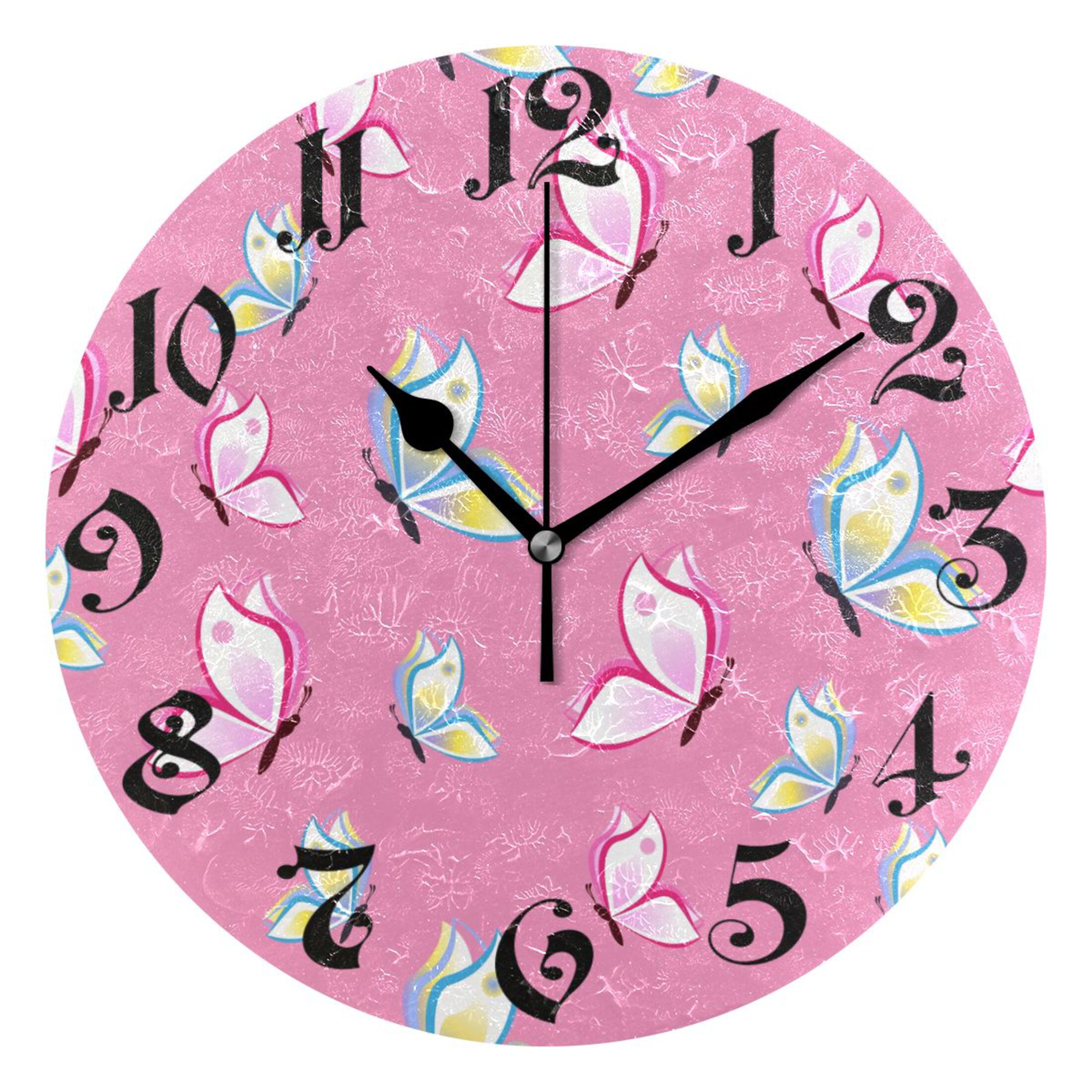 Wall Clock 10 Inch Silent Non-Ticking 8 Cute Butterfly Pink Pattern ...