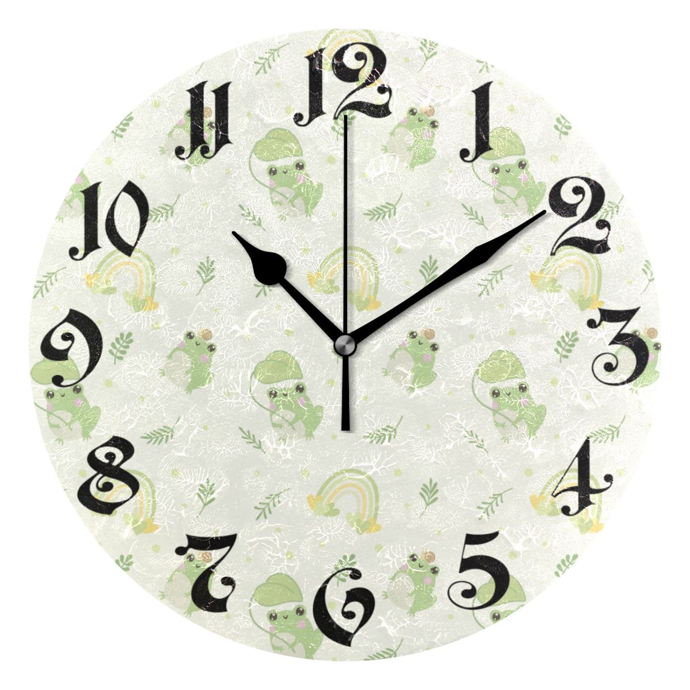 Wall Clock 10 Inch Silent Non-Ticking 8 Cute Cartoon Frogs and Rainbow ...