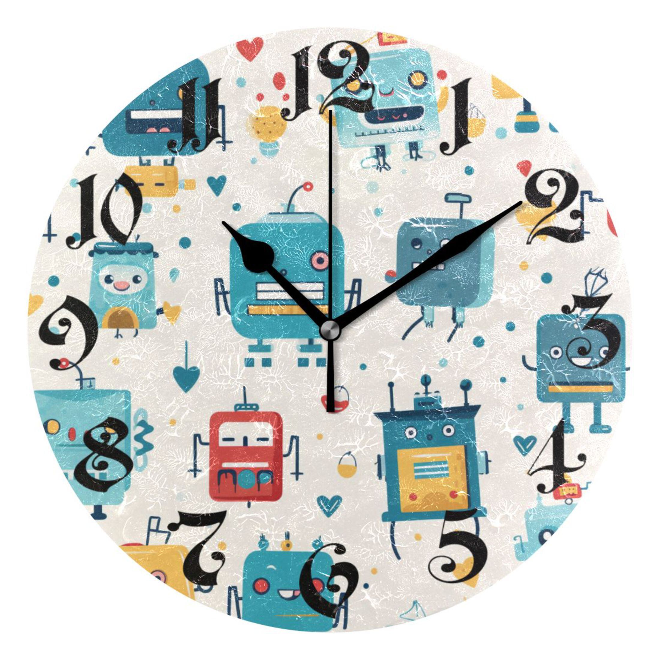 Wall Clock 10 Inch Silent Non-Ticking 8 Cute Cartoon Robots Battery ...