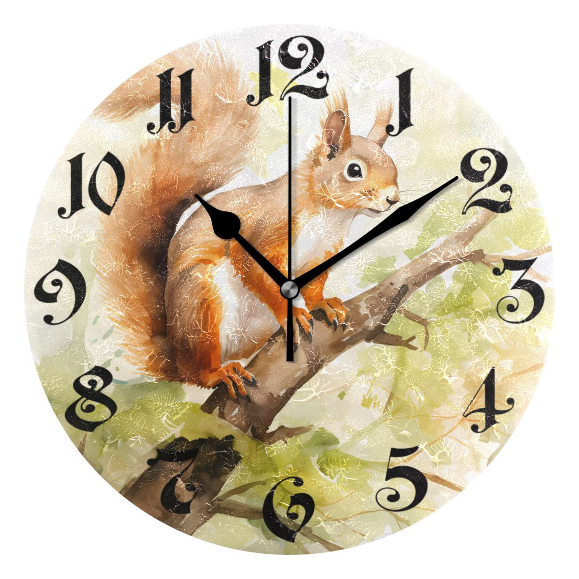 Wall Clock 10 Inch Silent Non-Ticking 8 Cute Squirrel on Tree Battery ...