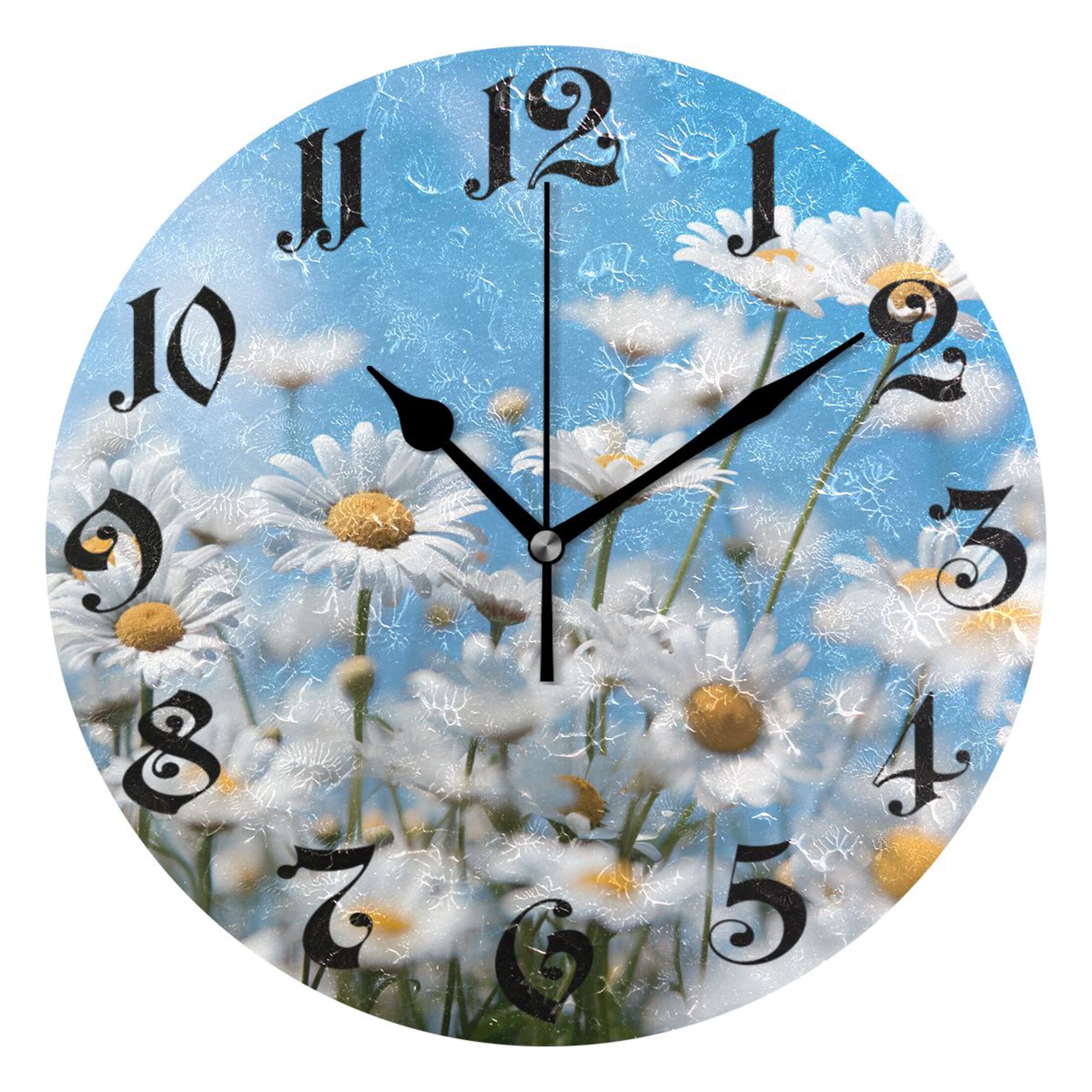 Wall Clock 10 Inch Silent Non-Ticking 8 Daisy Flowers with Sky Battery ...