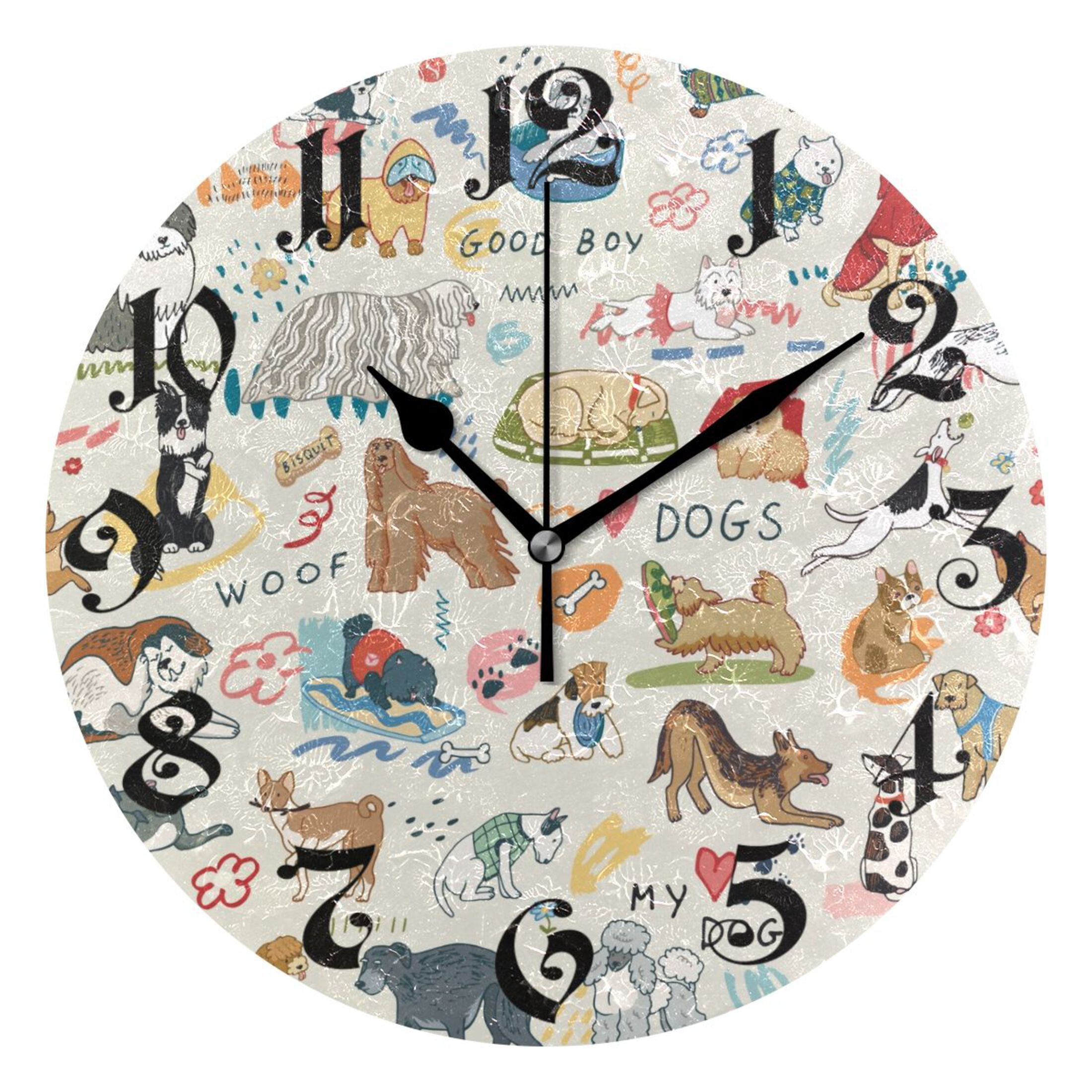 Wall Clock 10 Inch Silent Non-Ticking 8 Dogs Funny Battery Operated ...