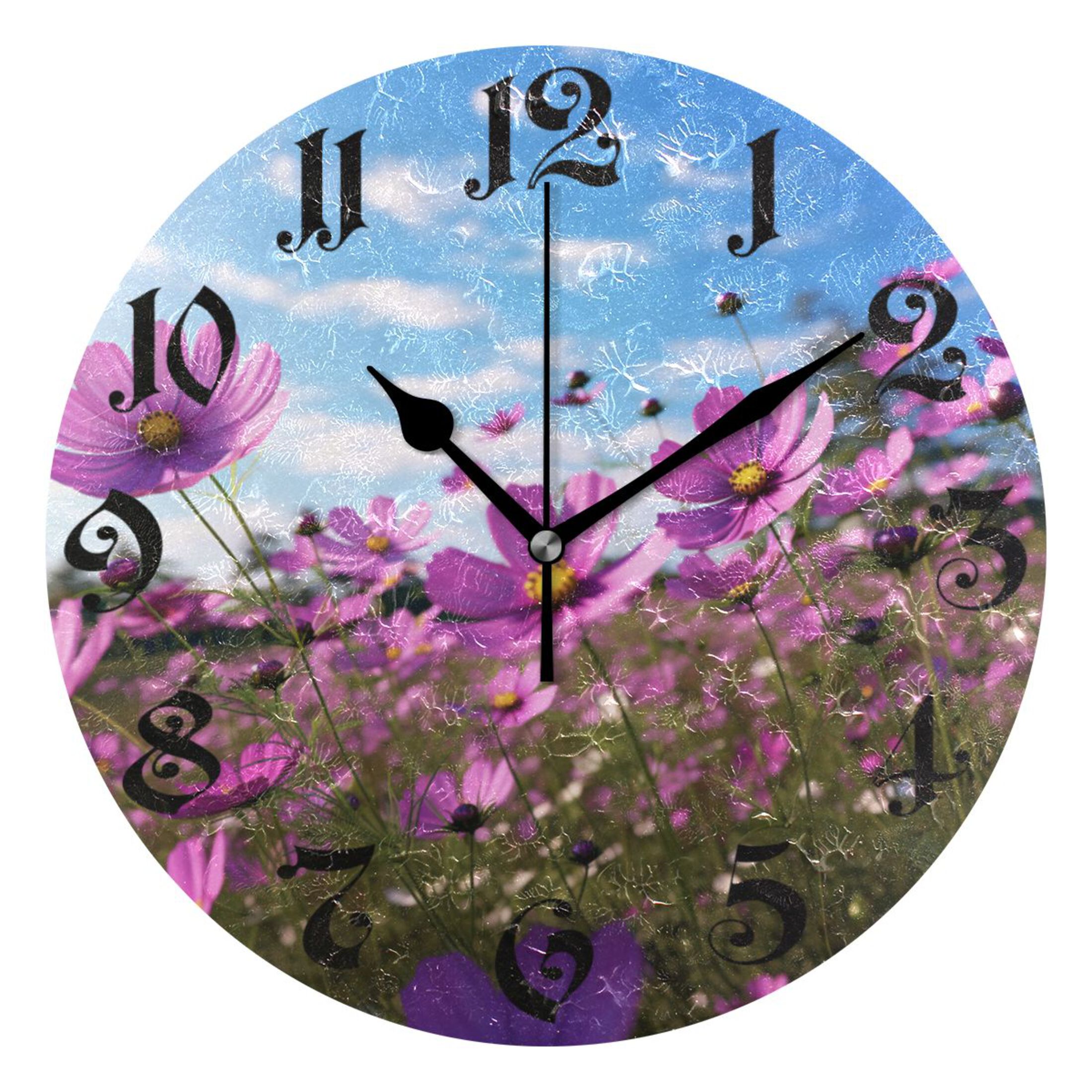 Wall Clock 10 Inch Silent Non-Ticking 8 Flowers Field Battery Operated ...