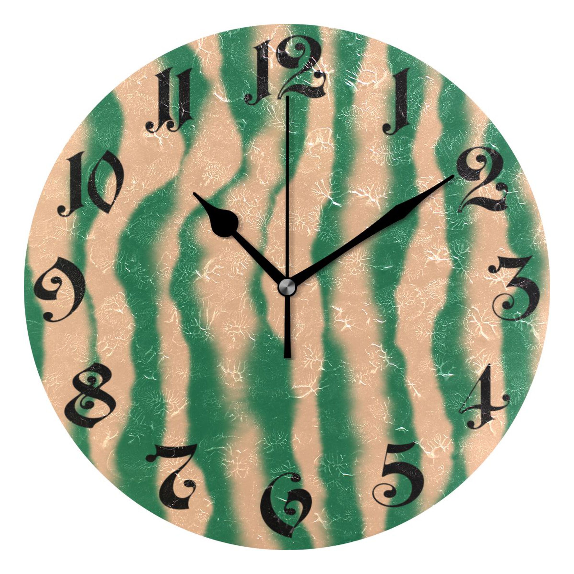 Wall Clock 10 Inch Silent Non-Ticking 8 Green and Beige Wavy Lines ...