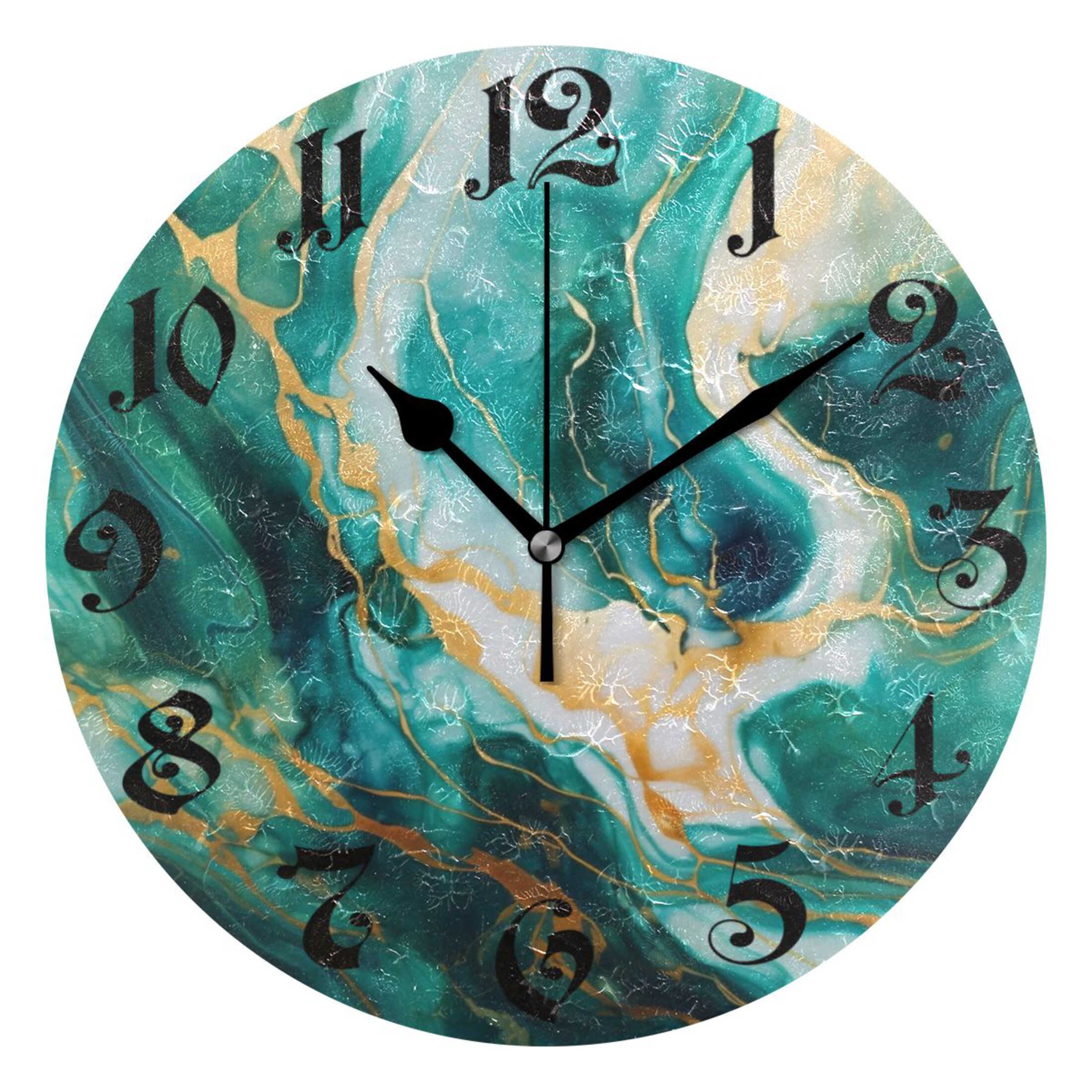 Wall Clock 10 Inch Silent Non-Ticking 8 Green and Gold Marble Battery ...