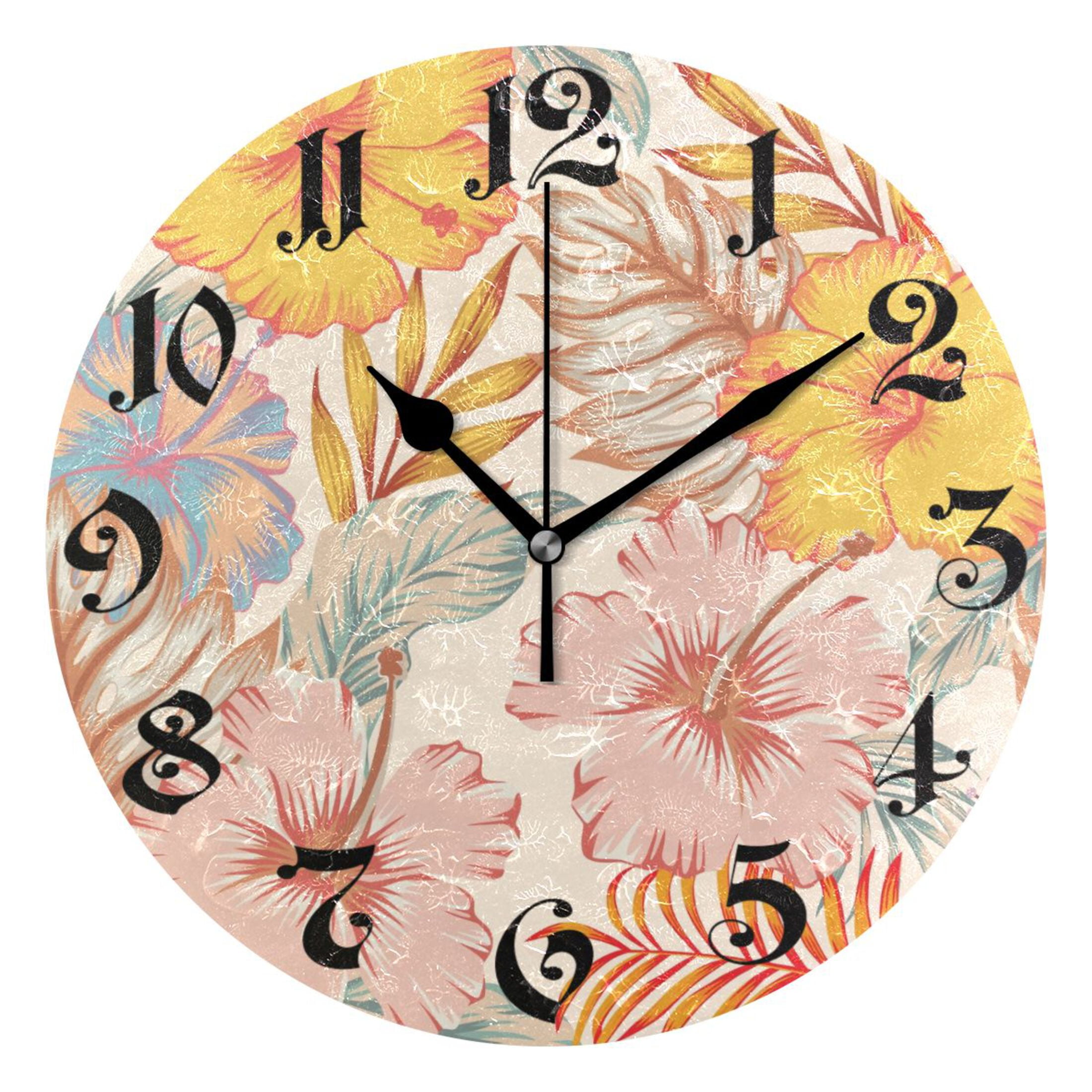 Wall Clock 10 Inch Silent Non-Ticking 8 Hibiscus Flowers with Palm Tree ...