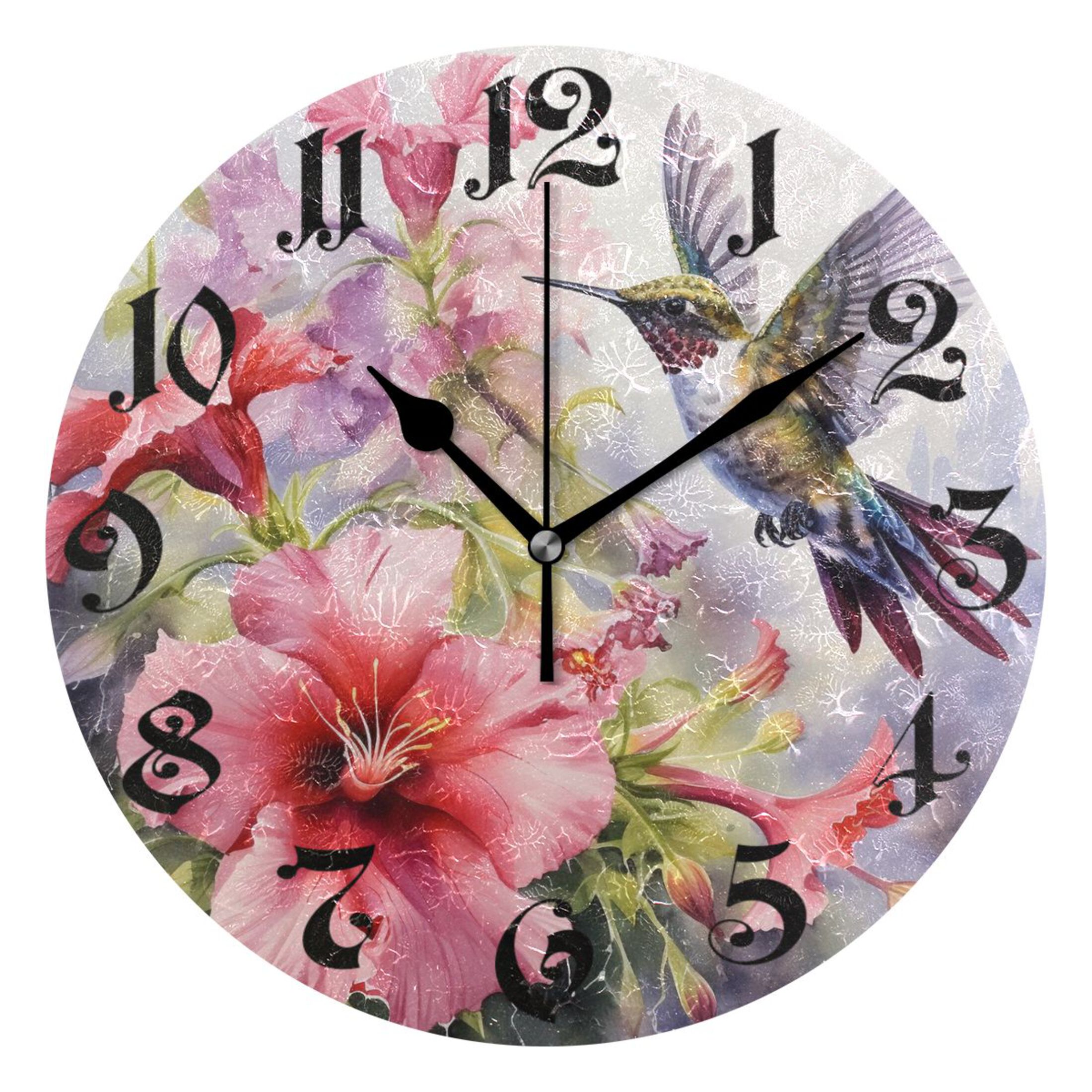Wall Clock 10 Inch Silent Non-Ticking 8 Hibiscus Flowers and Bird ...