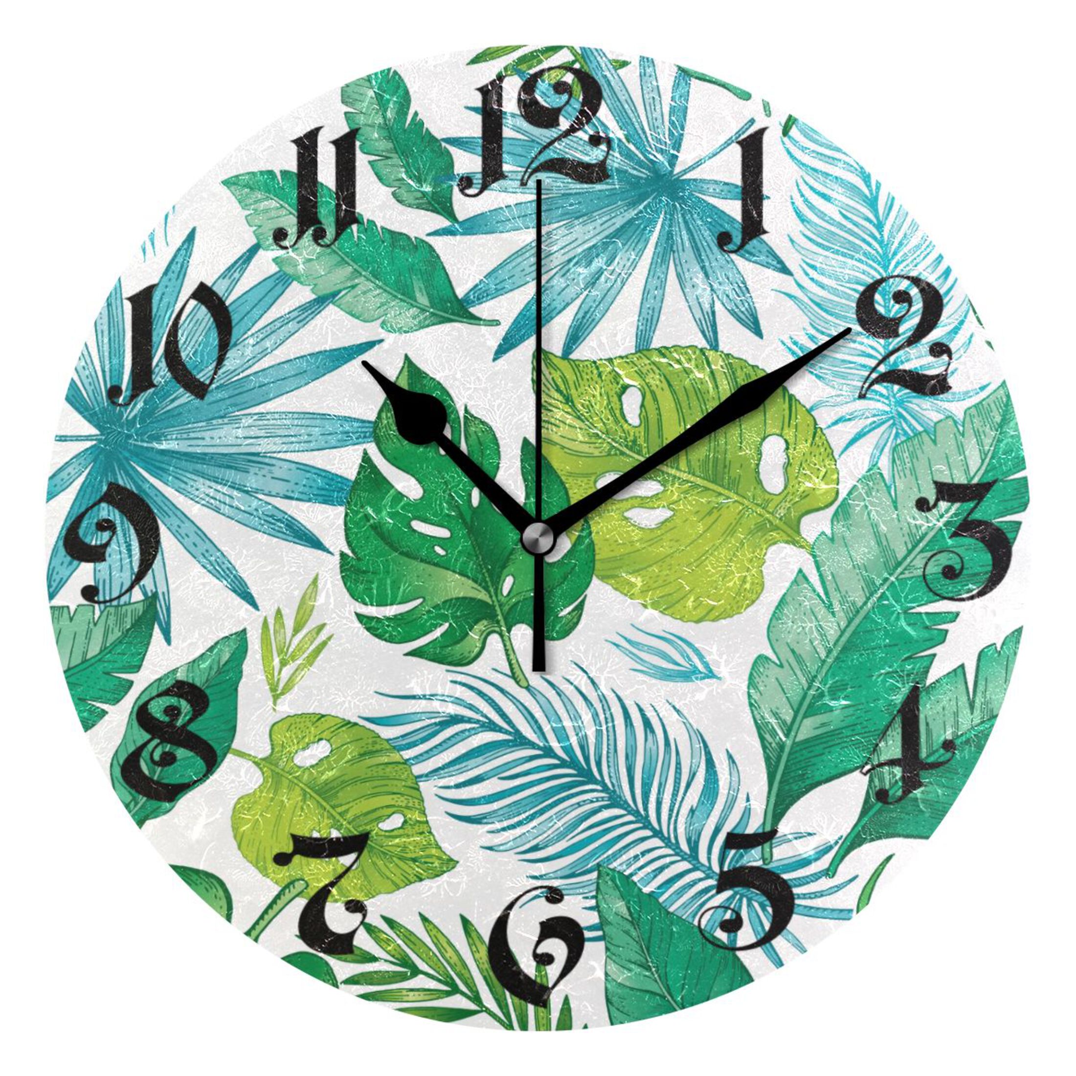 Wall Clock 10 Inch Silent Non-Ticking 8 Leaf Tropical Palm Leaves ...