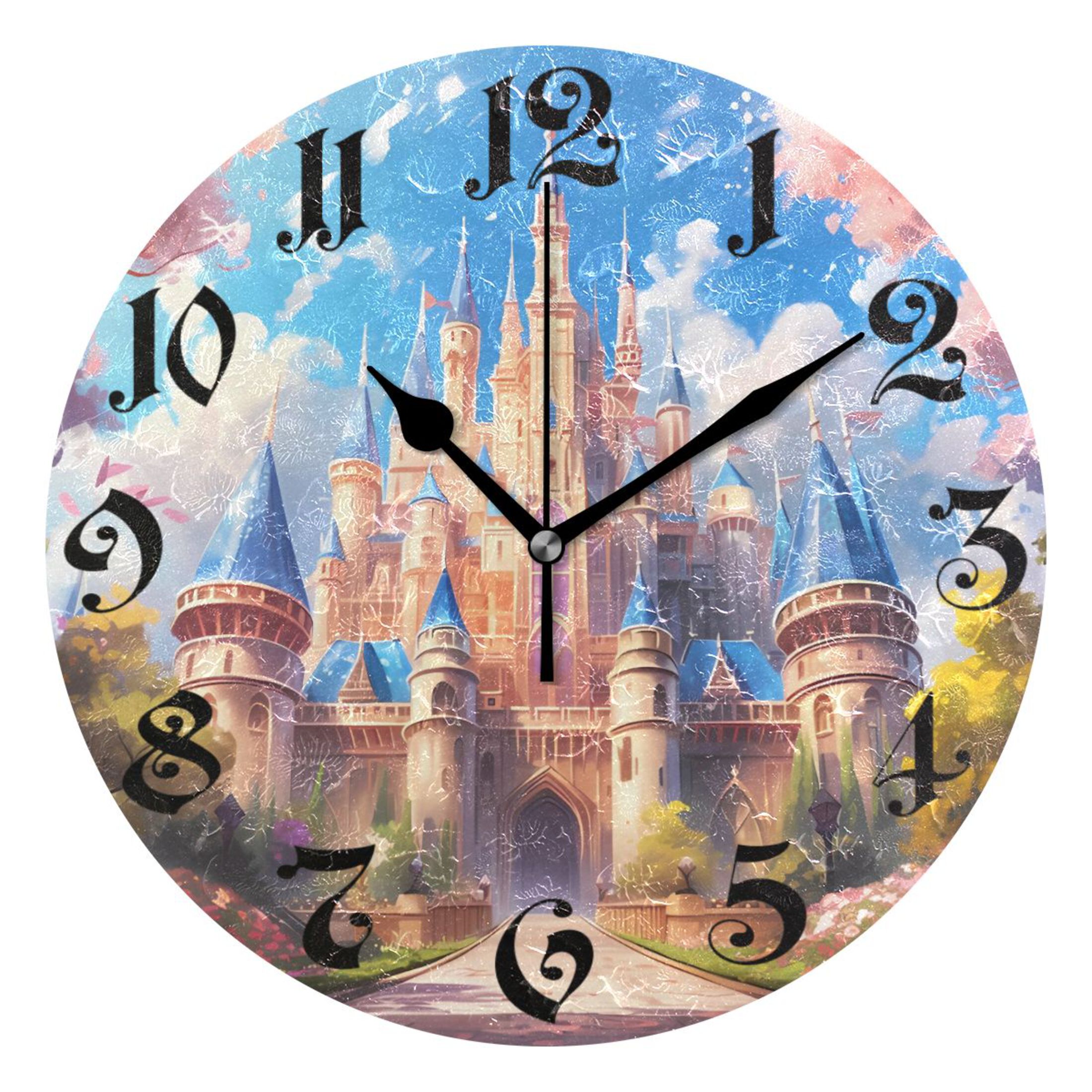 Wall Clock 10 Inch Silent Non-Ticking 8 Magic Castles in Pink Battery ...