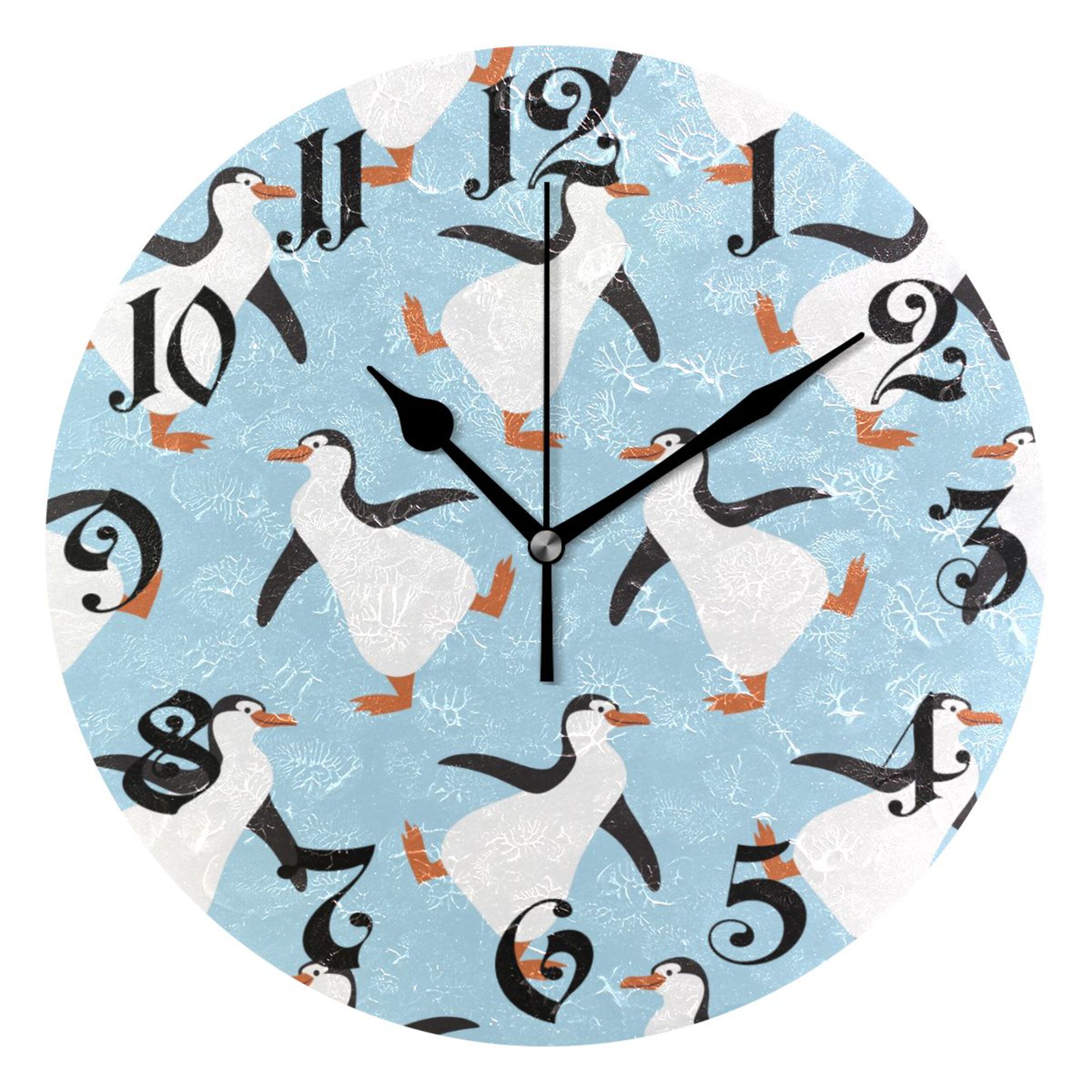Wall Clock 10 Inch Silent Non-Ticking 8 Penguins on Blue Battery ...