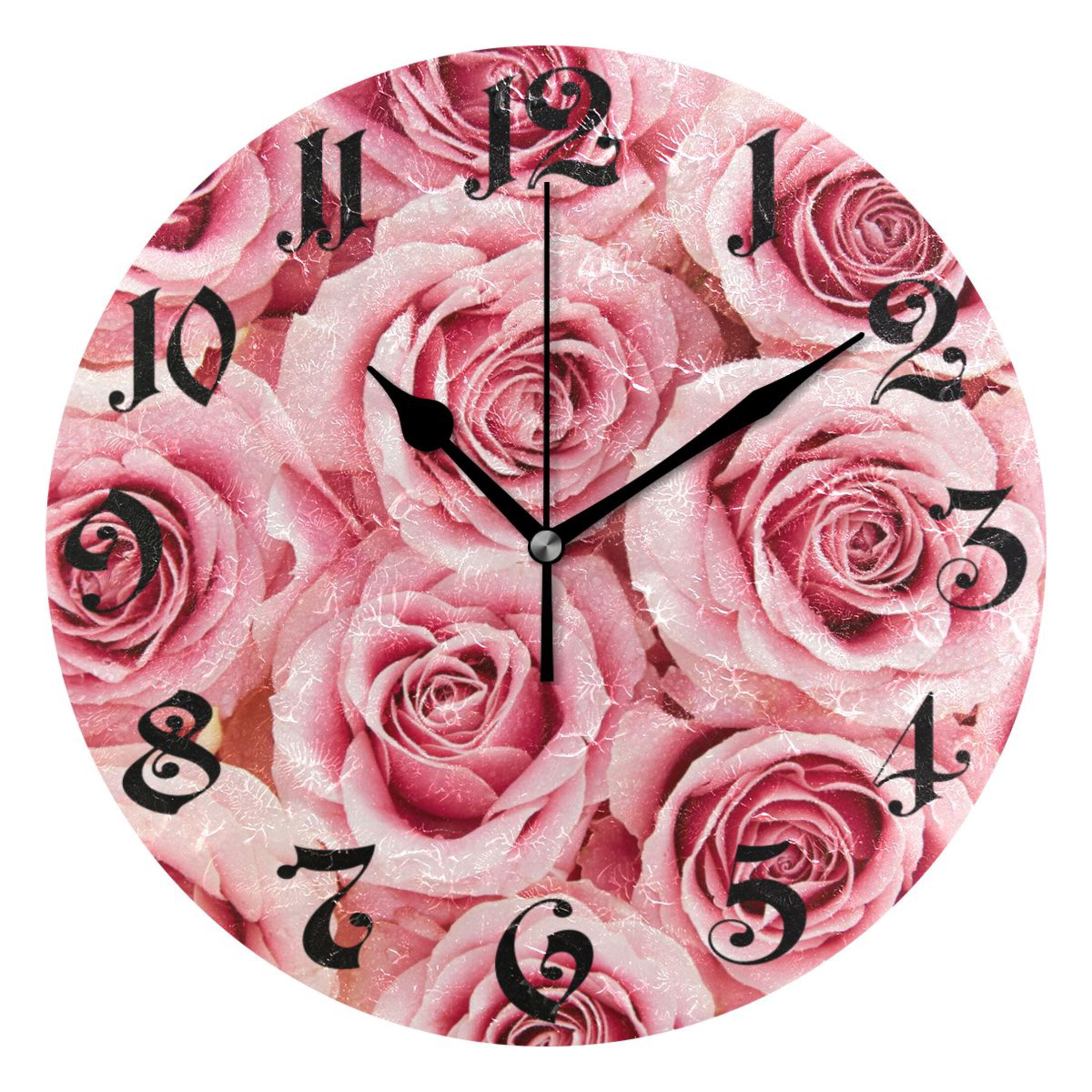 Wall Clock 10 Inch Silent Non-Ticking 8 Pink Roses Flowers Battery ...
