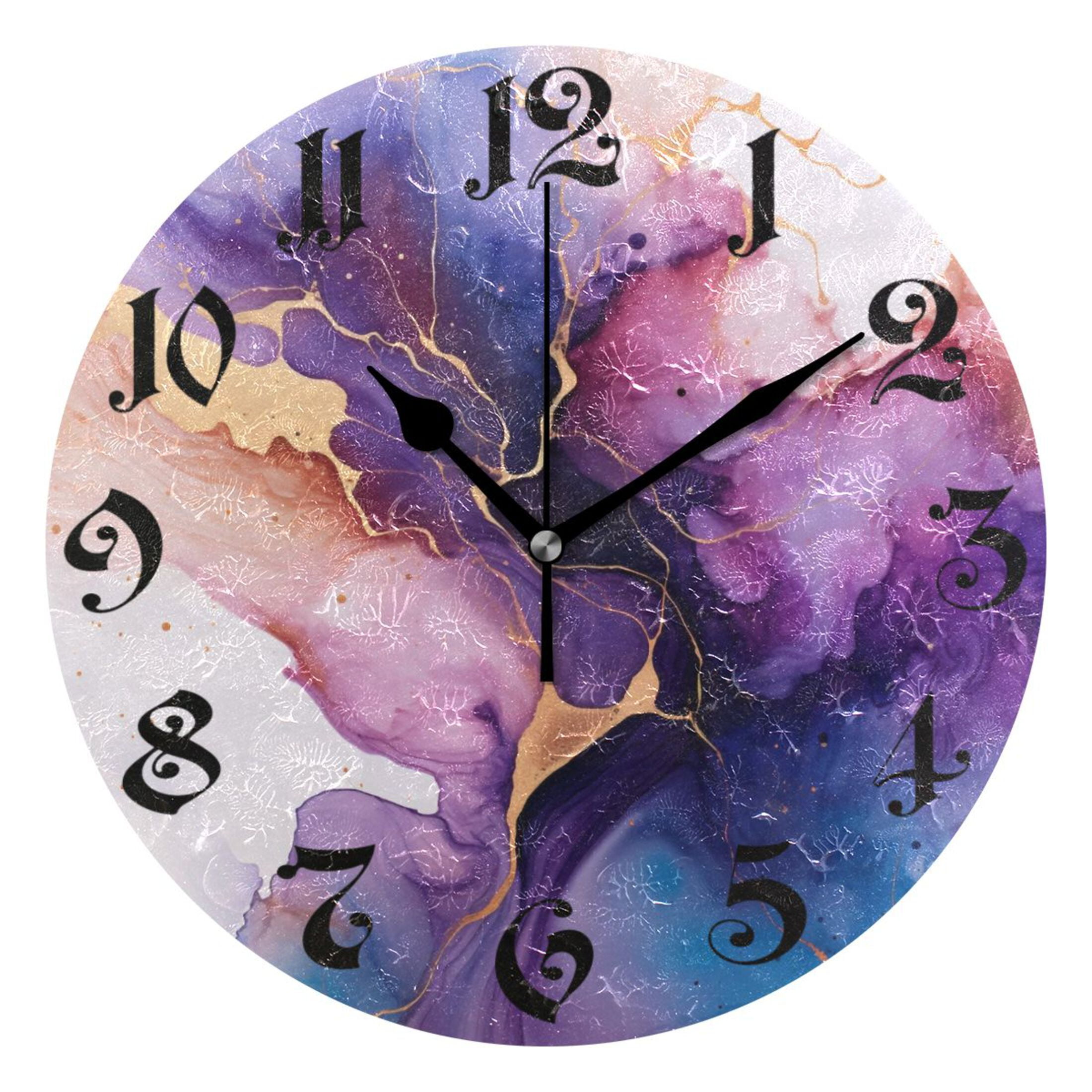 Wall Clock 10 Inch Silent Non-Ticking 8 Purple and Blue Marble Battery ...
