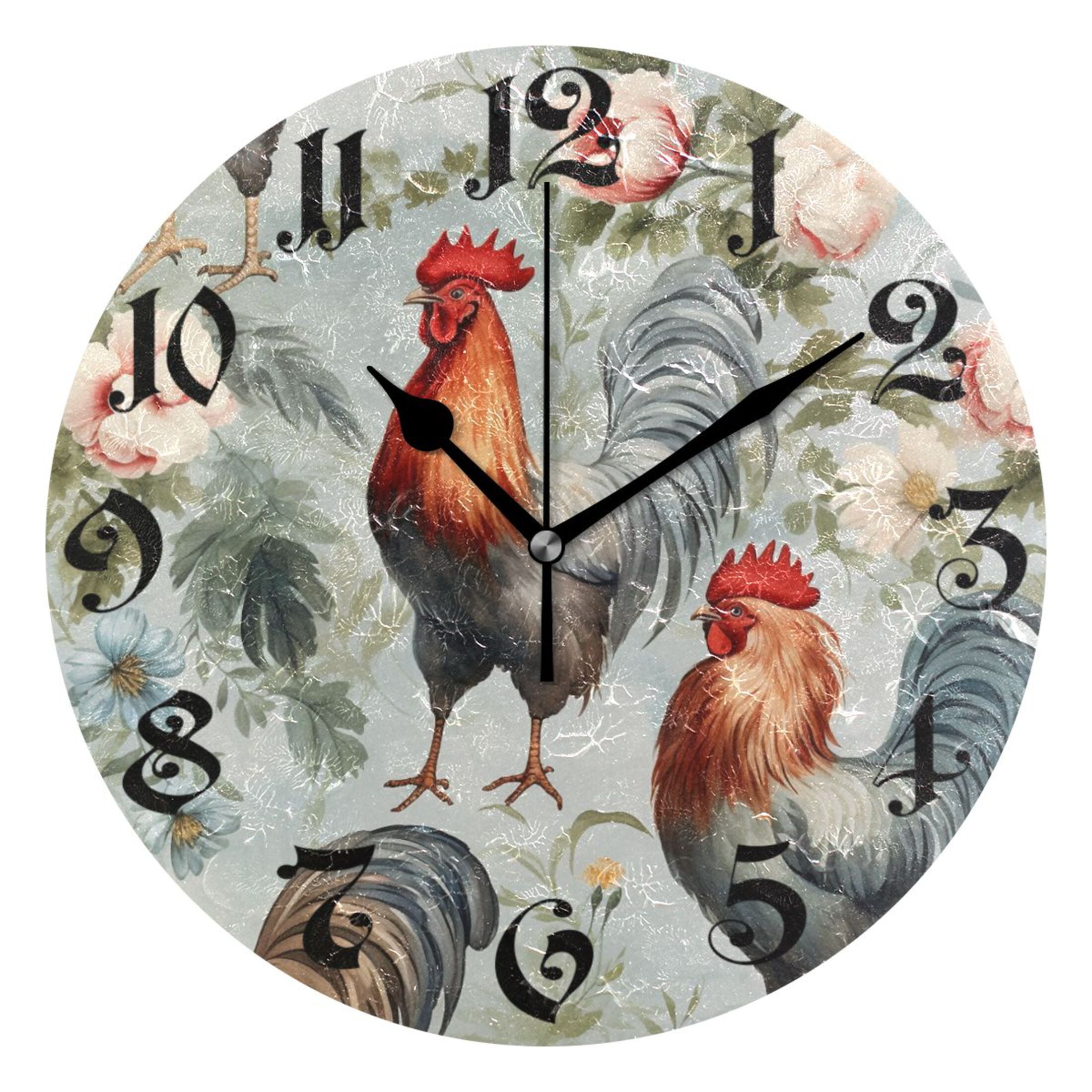 Wall Clock 10 Inch Silent Non-Ticking 8 Roosters and Flowers Battery ...