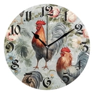 VOCOO 10'' Round Wooden Rooster Wall Clock, Silent Non Ticking Vintage ...