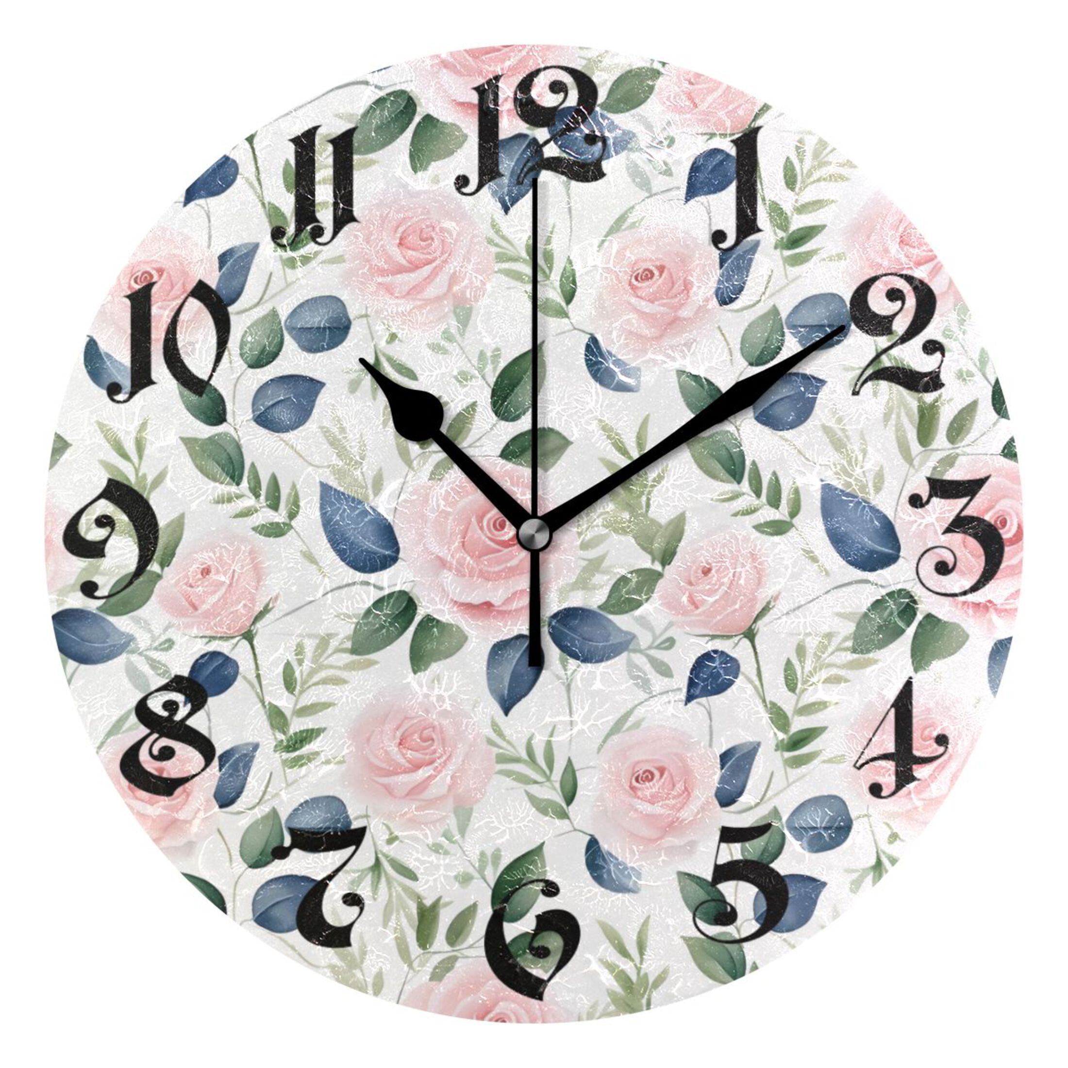 Wall Clock 10 Inch Silent Non-Ticking 8 Rose Flowers Pink with Leaves ...