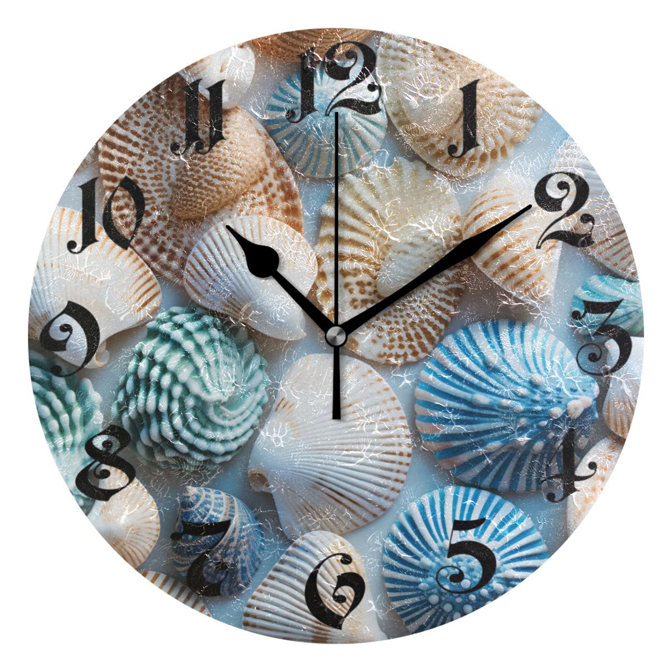 Wall Clock 10 Inch Silent Non-Ticking 8 Sea Shells Blue Battery ...