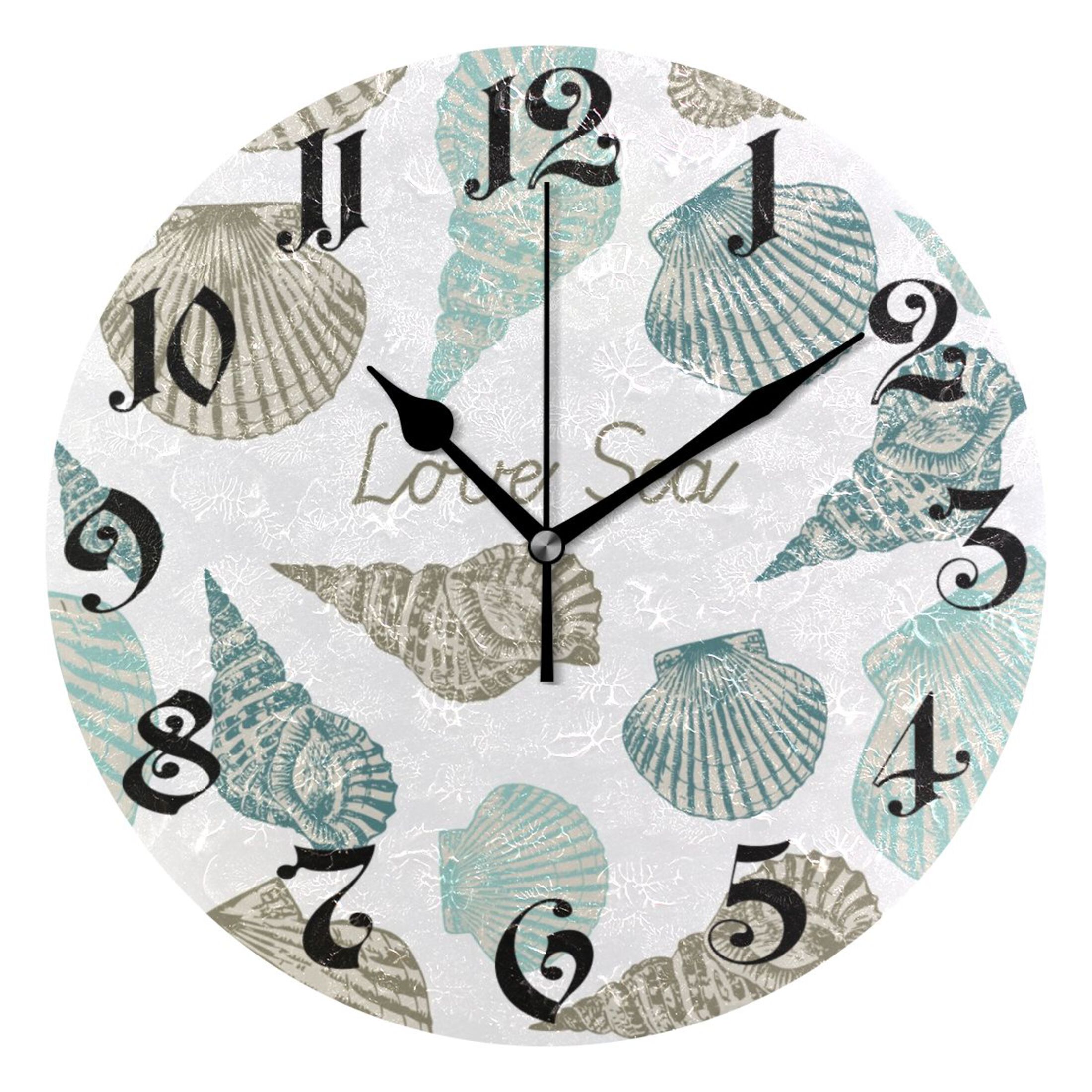 Wall Clock 10 Inch Silent Non-Ticking 8 Sea Shells Pattern Battery ...
