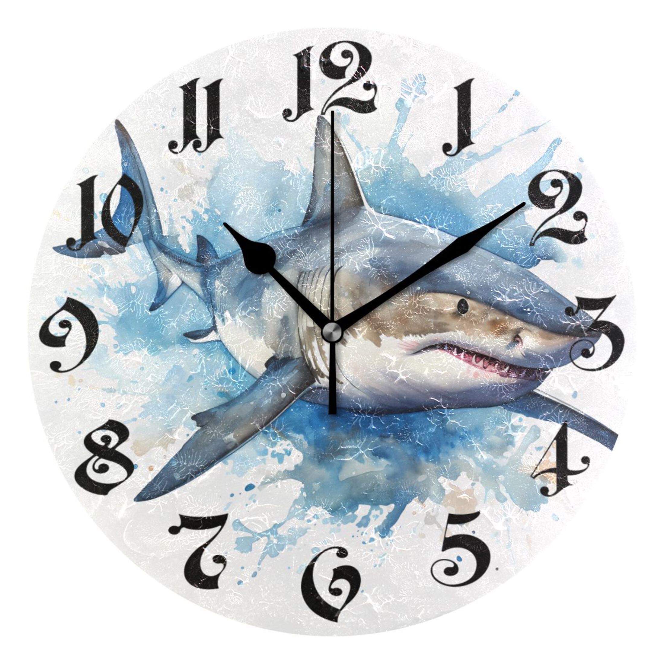 Wall Clock 10 Inch Silent Non-Ticking 8 Shark Blue Battery Operated ...