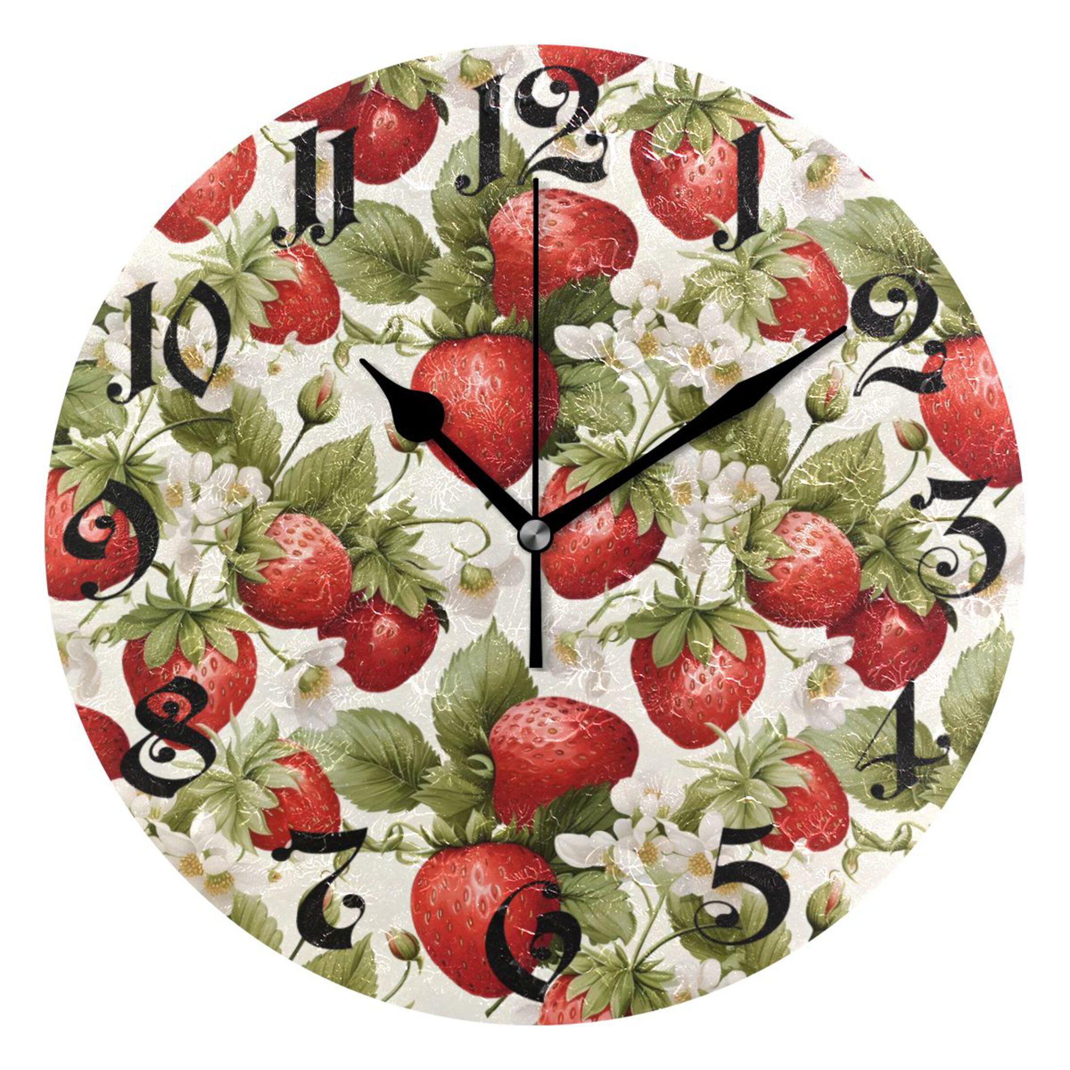 Wall Clock 10 Inch Silent Non-Ticking 8 Strawberries with Floral ...