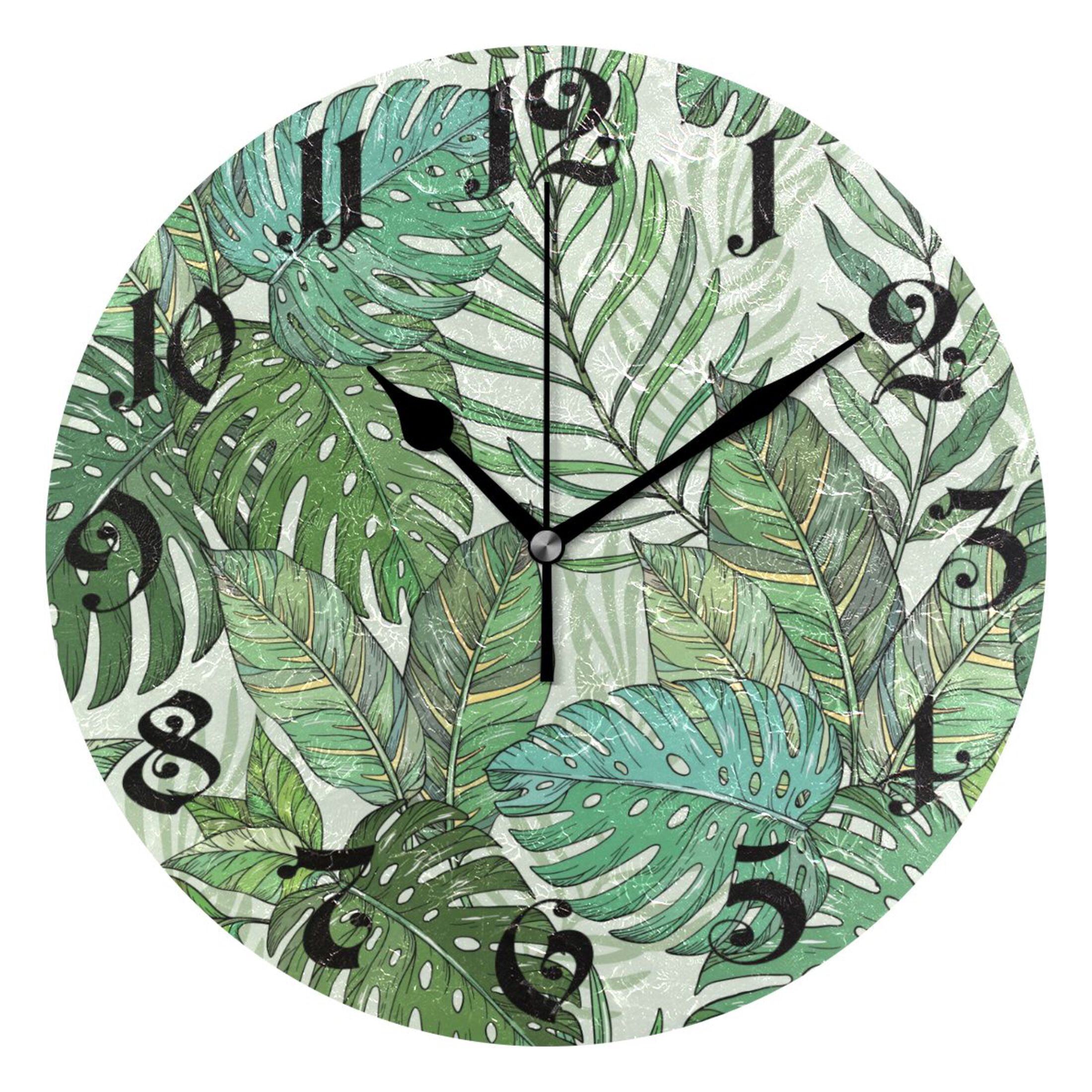 Wall Clock 10 Inch Silent Non-Ticking 8 Tropical Palm Leaves on Green ...