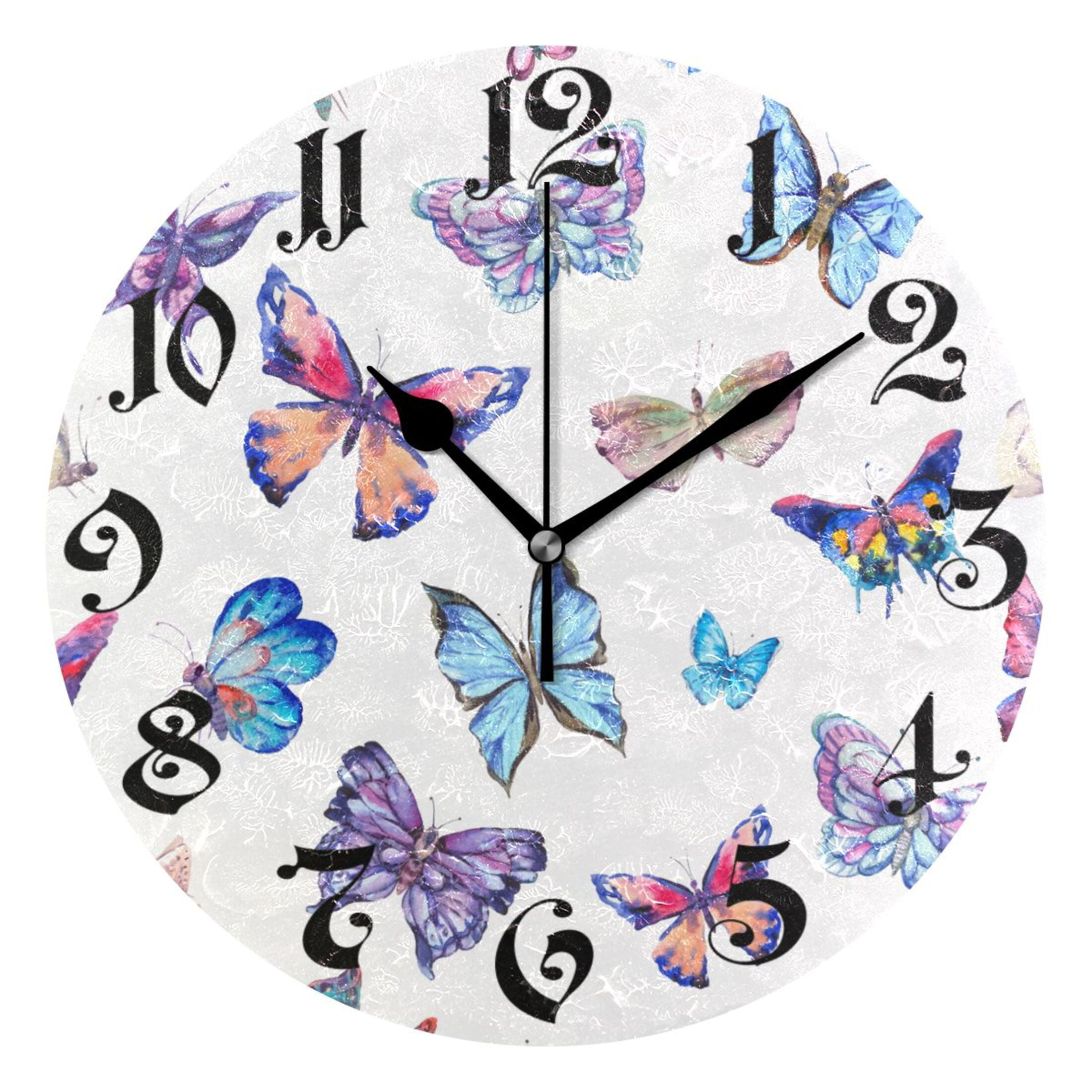 Wall Clock 10 Inch Silent Non-Ticking 8 Watercolor Butterflies Vintage ...