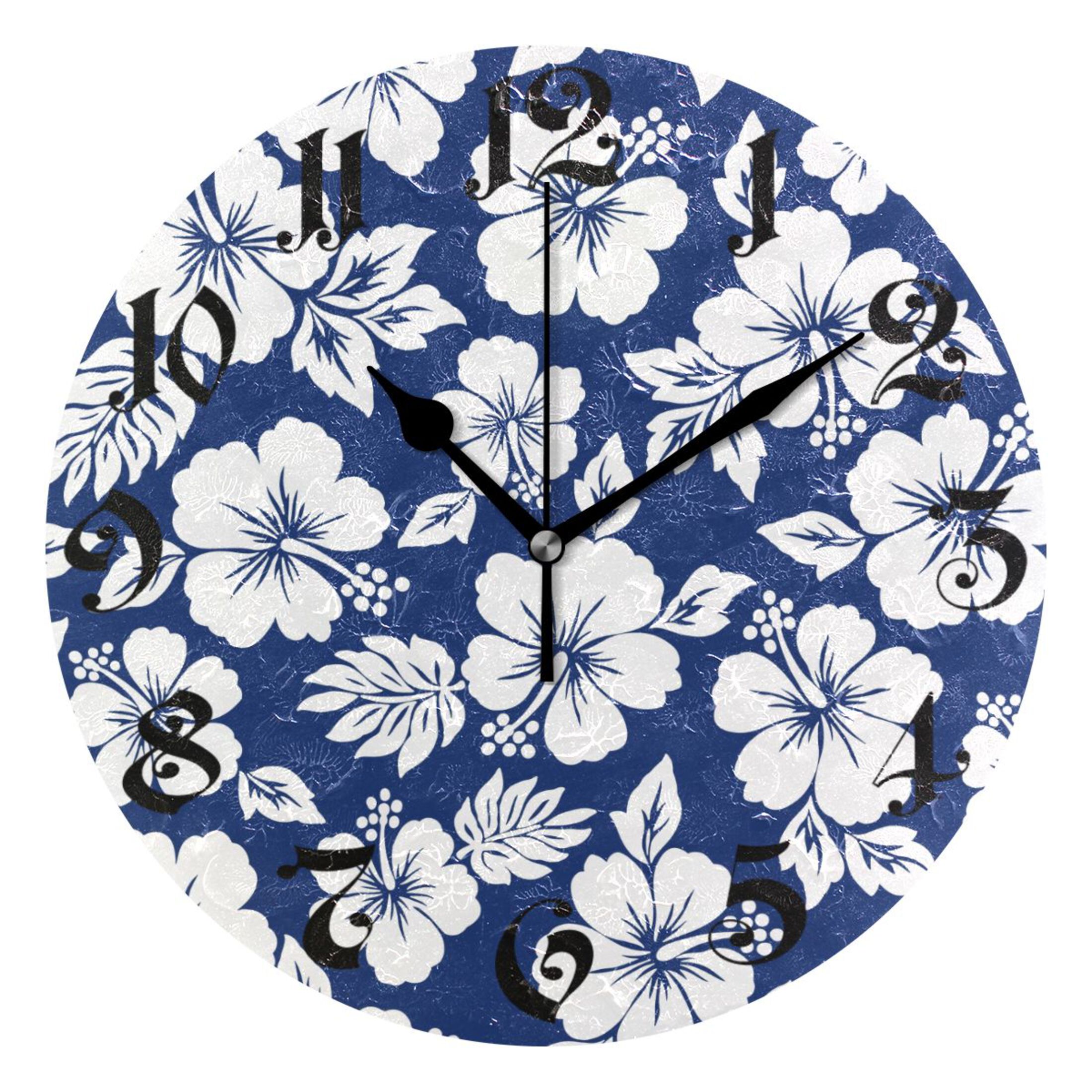 Wall Clock 10 Inch Silent Non-Ticking 8 White Hibiscus on Blue Battery ...