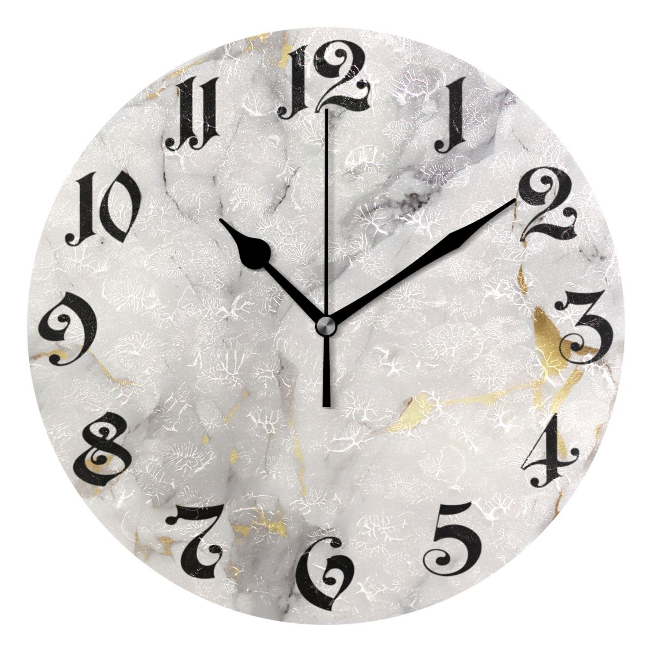 Wall Clock 10 Inch Silent Non-Ticking 8 White and Gold Marble Battery ...