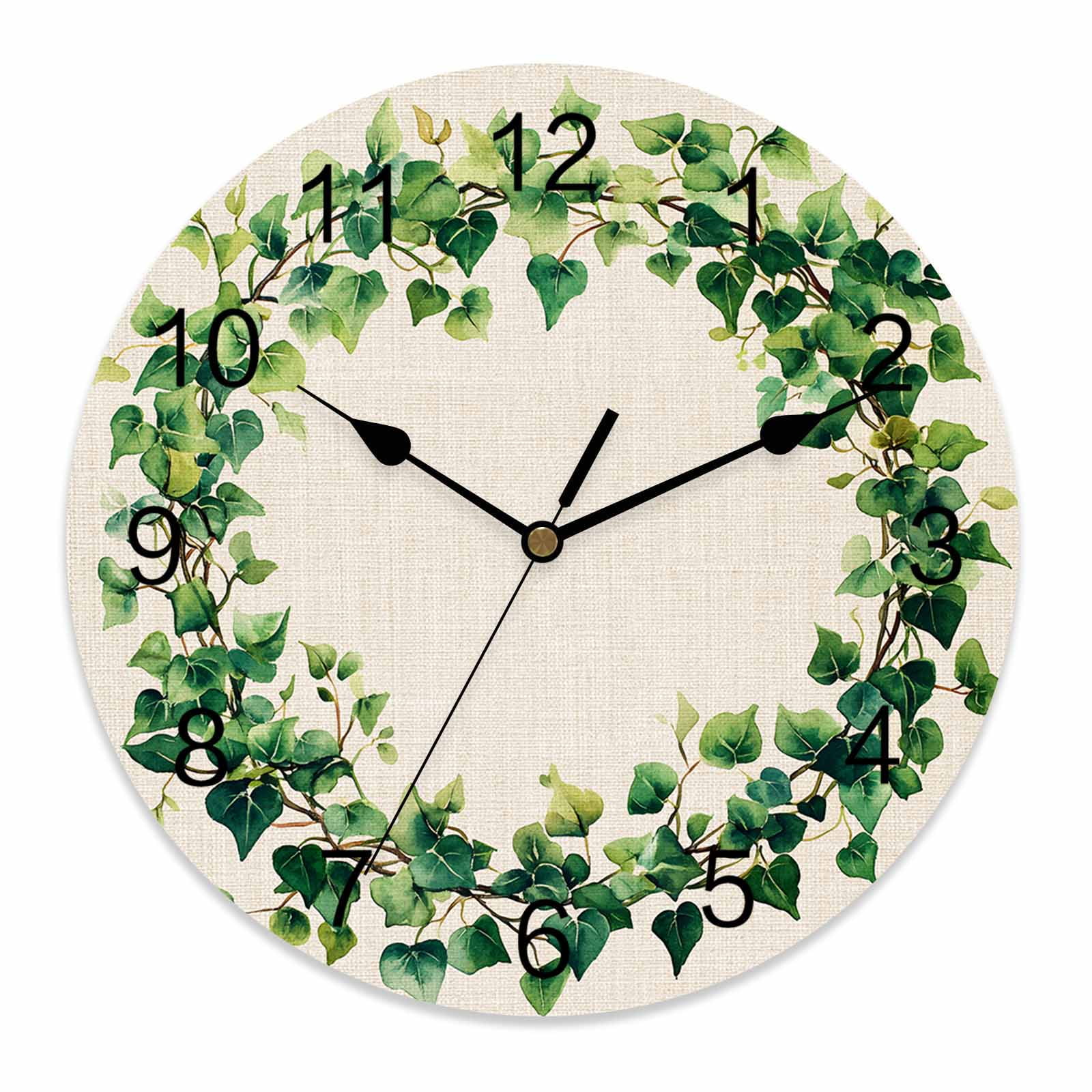 Wall Clock 10 Inch Watercolor Green Vine Round Silent Decorative Wall ...