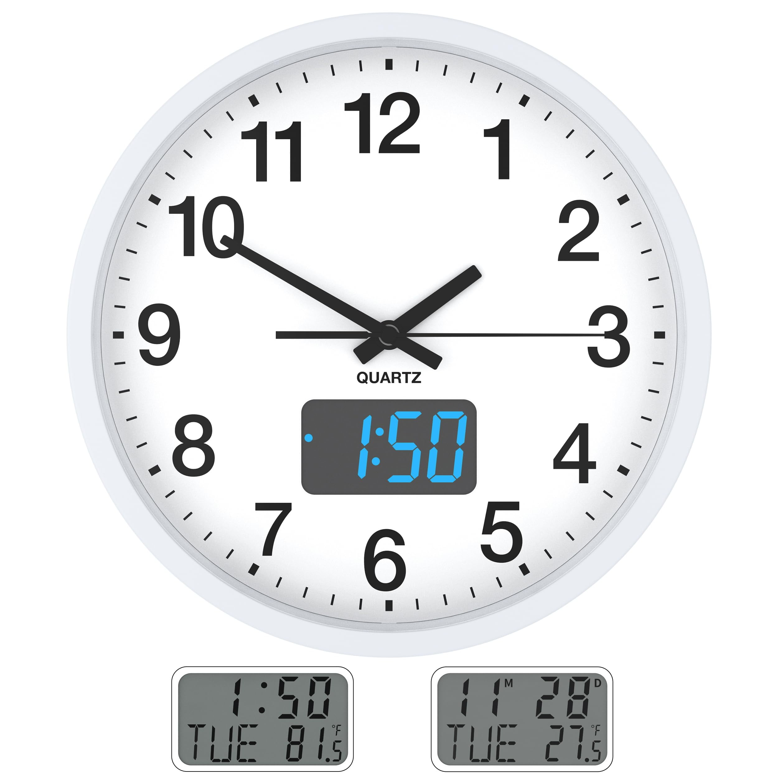 Wall Clock, 12 Inch Analog Clock with LED Clock/LCD Time Date and ...